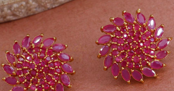 Beautiful Ruby Stone Gold Earring Big Floral Studs ER4585