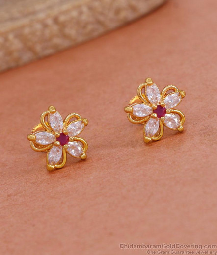 Small Floral Gold Plated Stud White Stone Earring ER4186