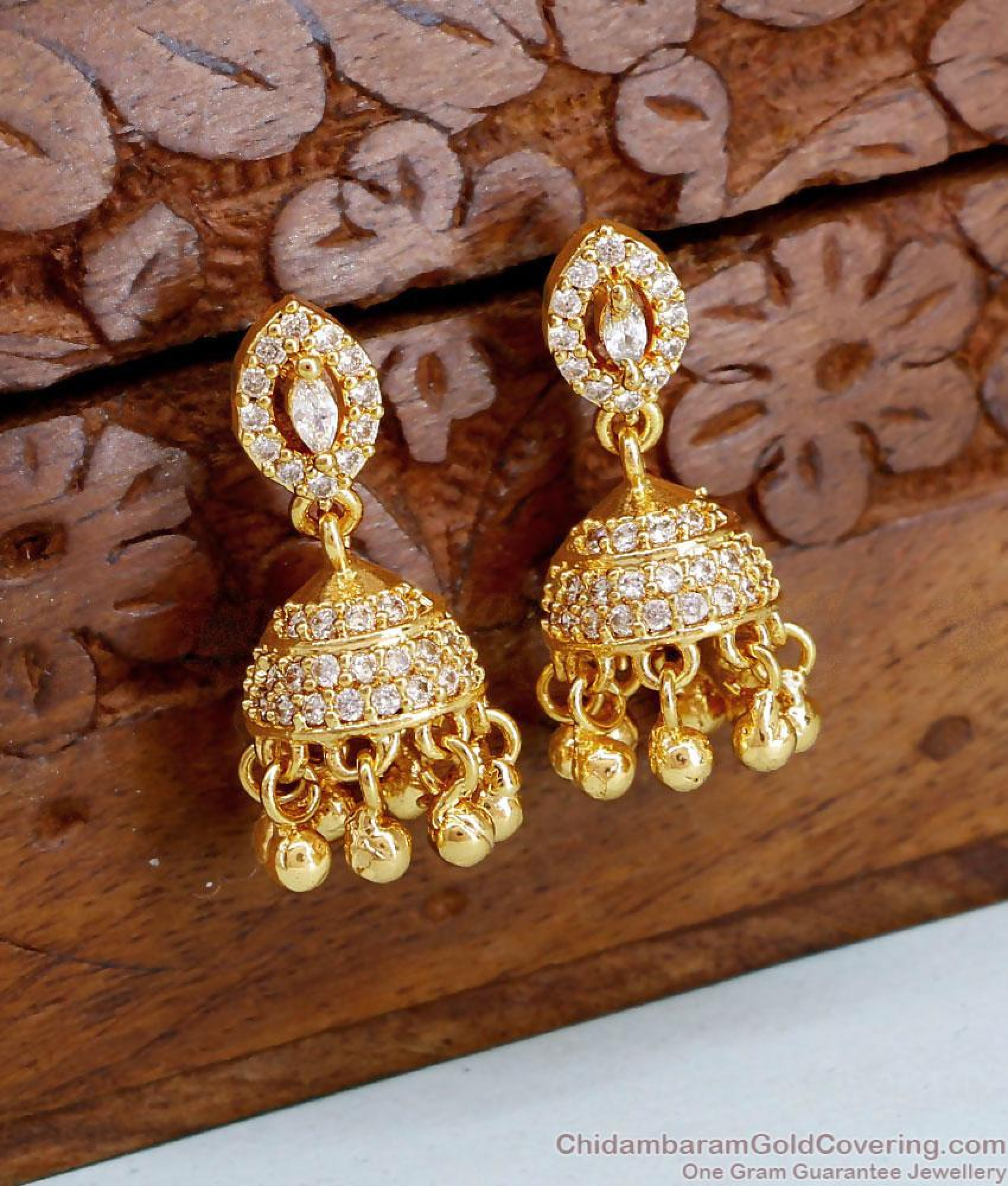 Stylish White Stone Micro Gold Plated Jhumka For Brides ER4746