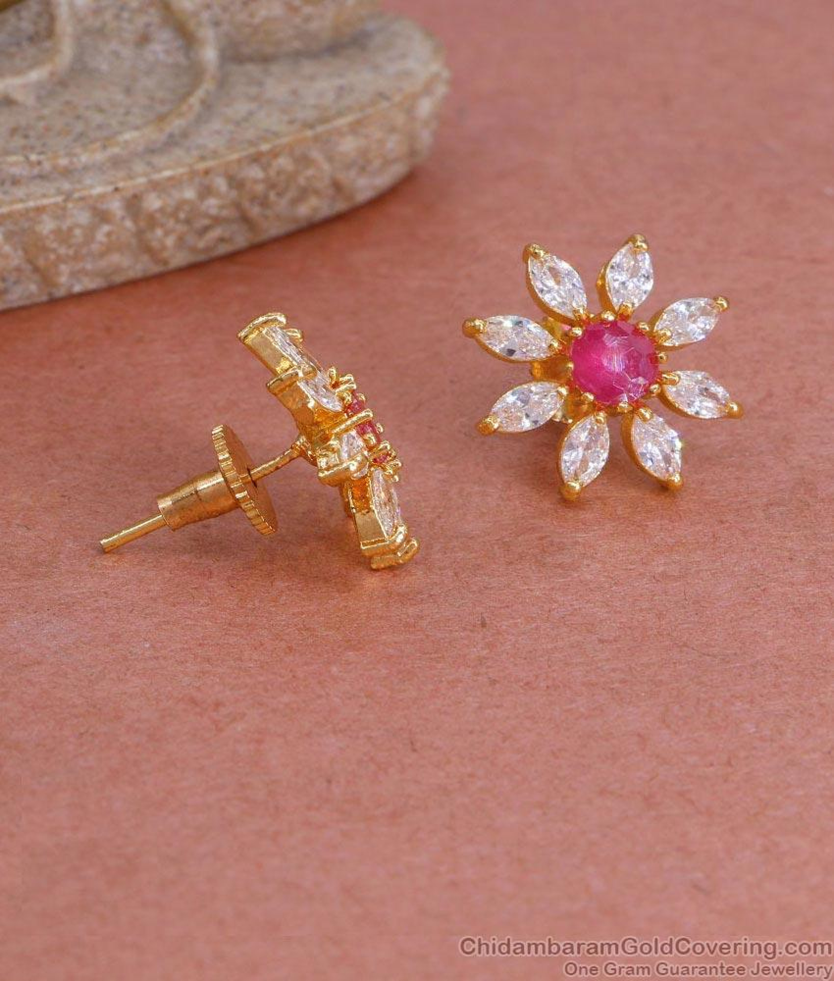 Trendy Ruby White Stone Fancy Gold Studs Floral Design ER4788