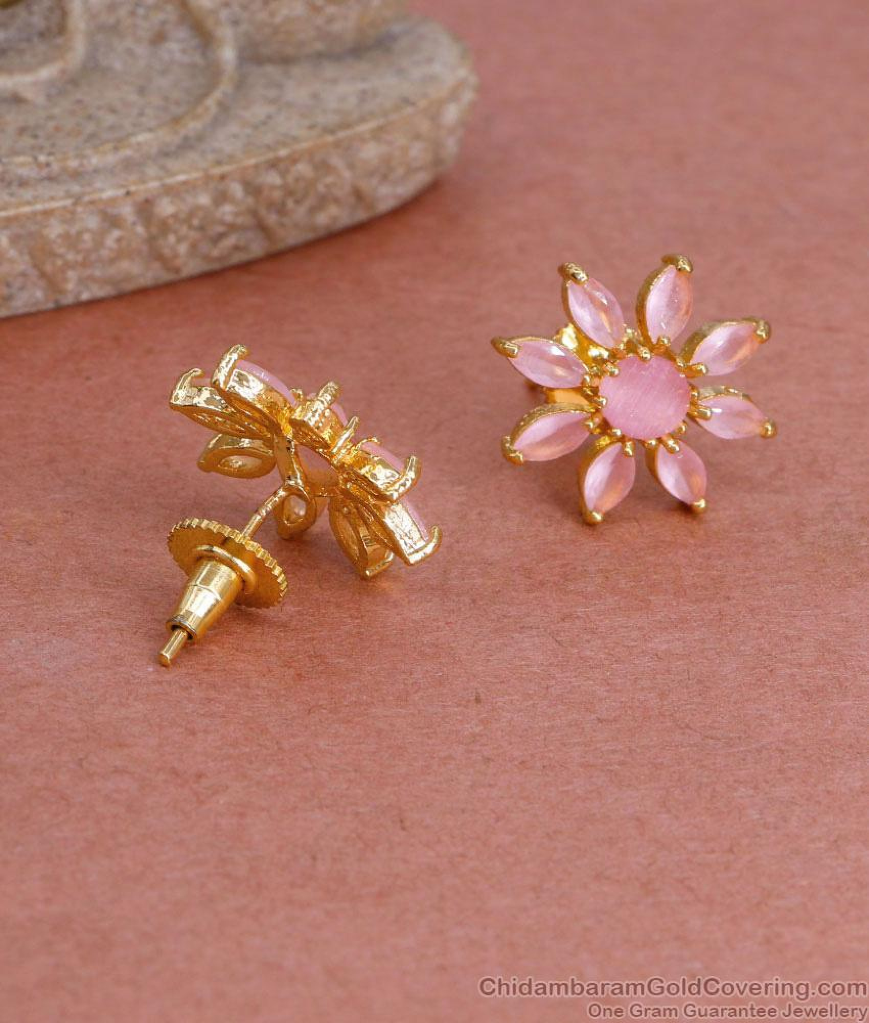 Unique Flower Design Gold Plated Pink Stone Stud Earring Designs ER4790