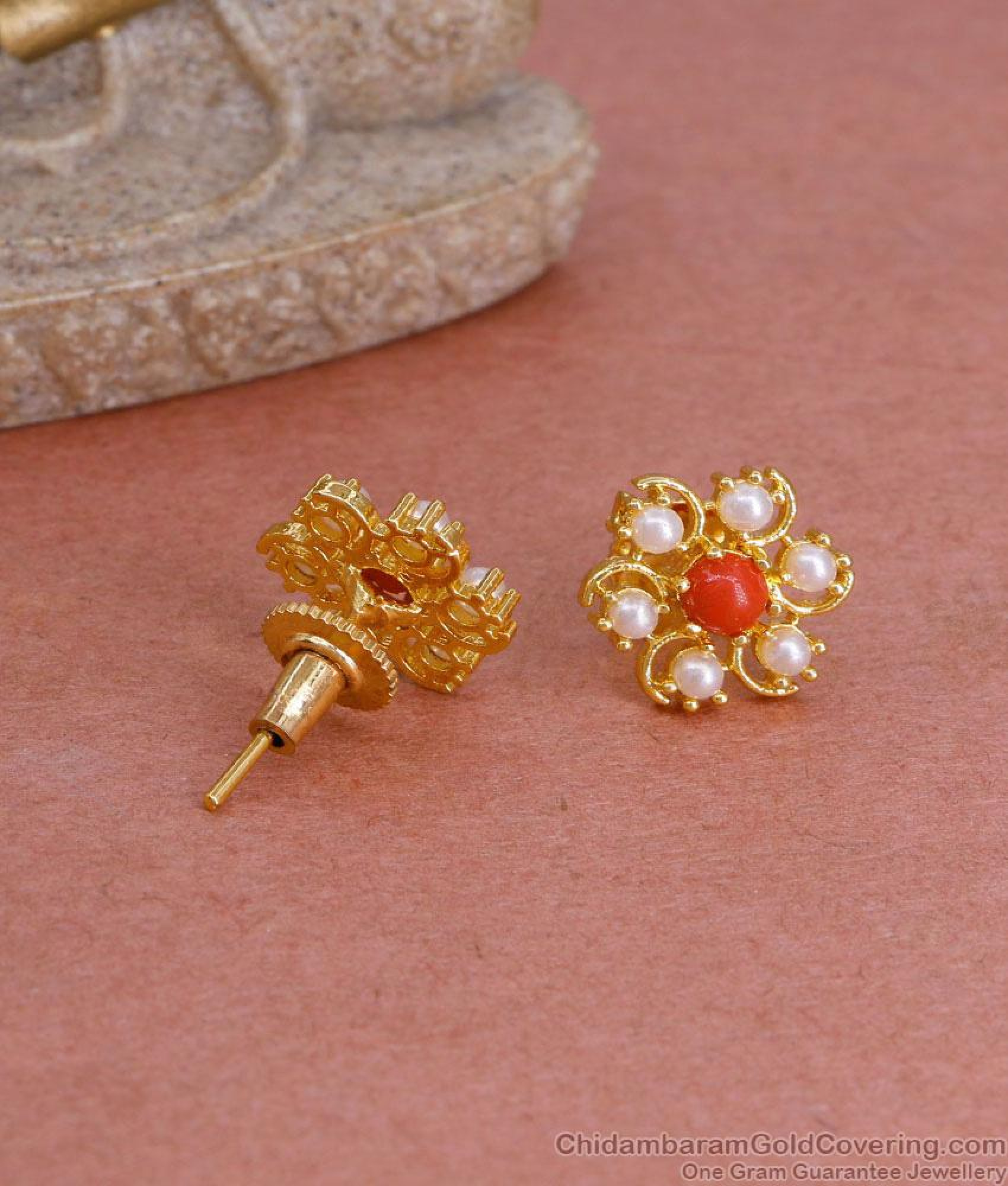 Small Red Coral Stone Gold Plated Studs Pearl Earring ER4800