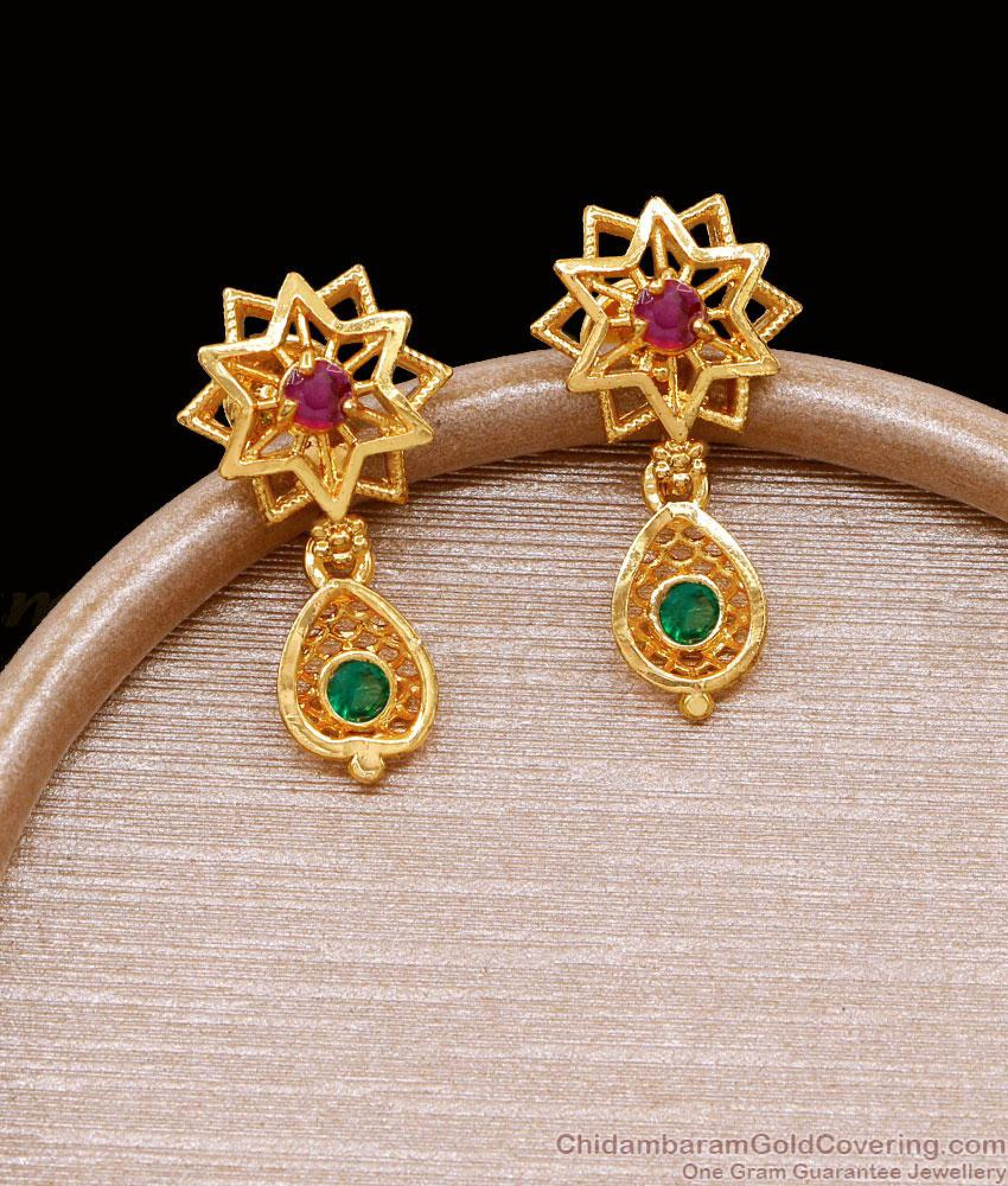 One Gram Micro Gold Plated Dangler Earring Emerald Stone Design ER4895