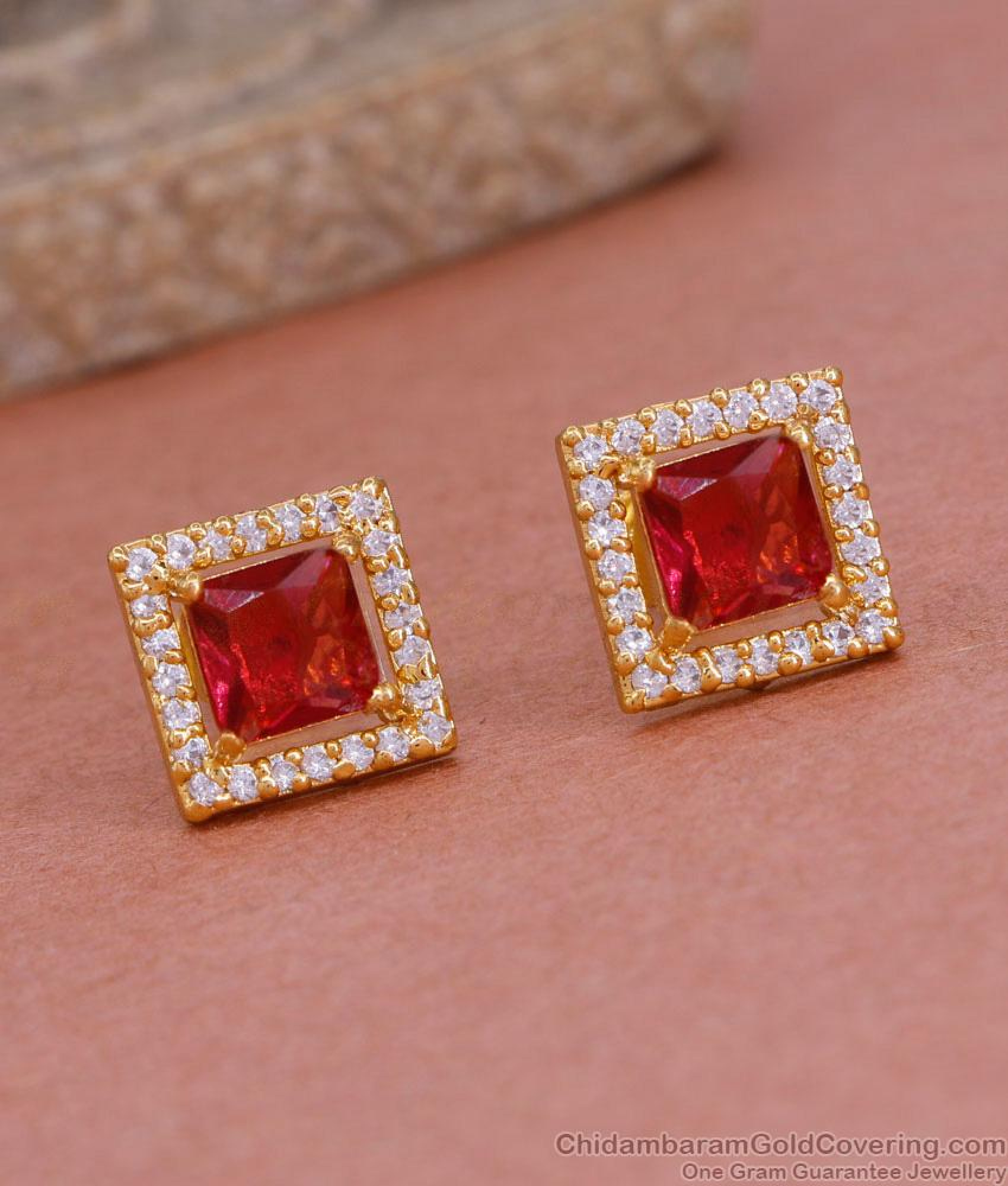 Trendy Big Ruby Stone Diamond Stud Earring Gold Finish ER4915