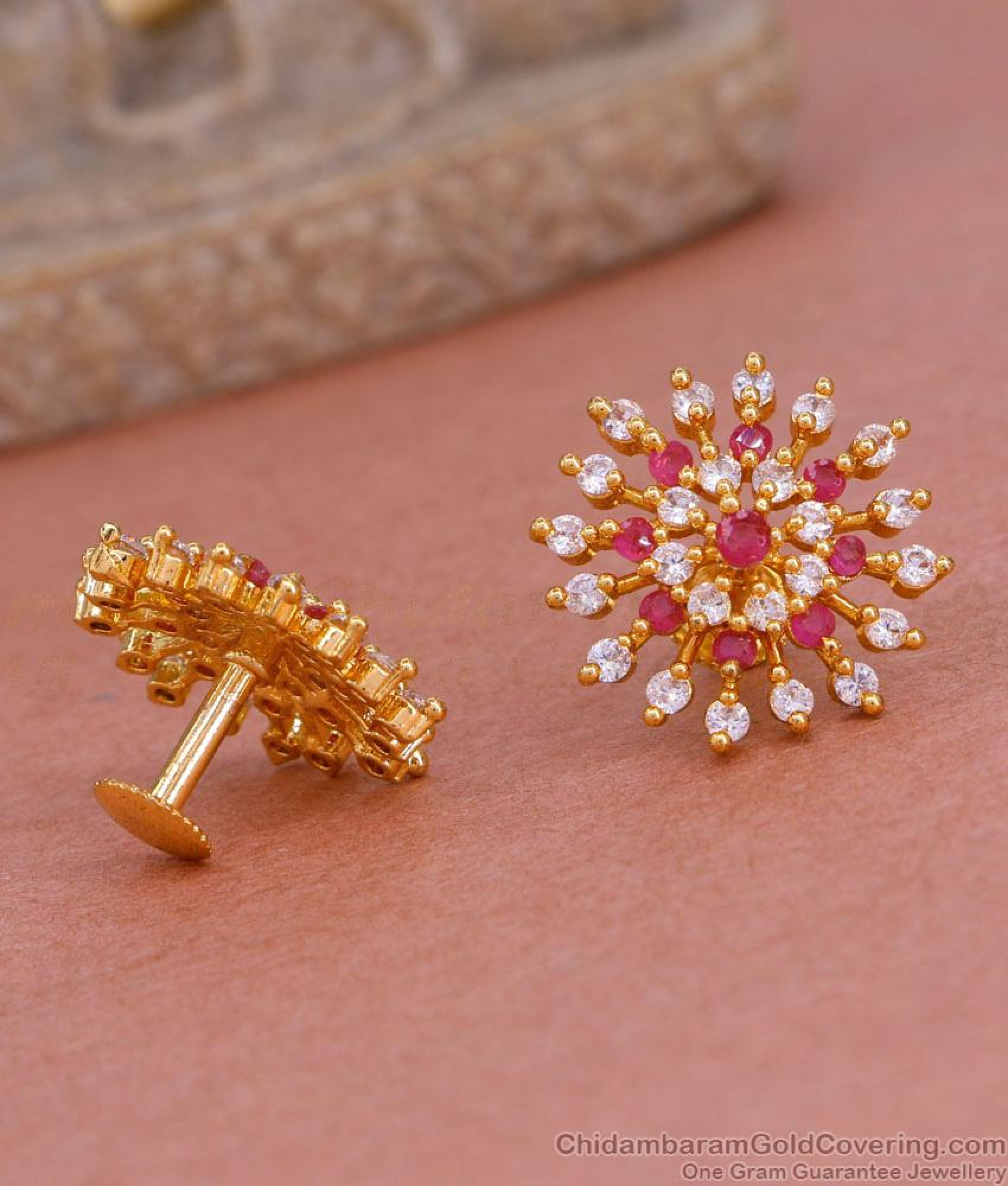 New Model Flower Design Ruby White Stone Stud Earring Online ER4929