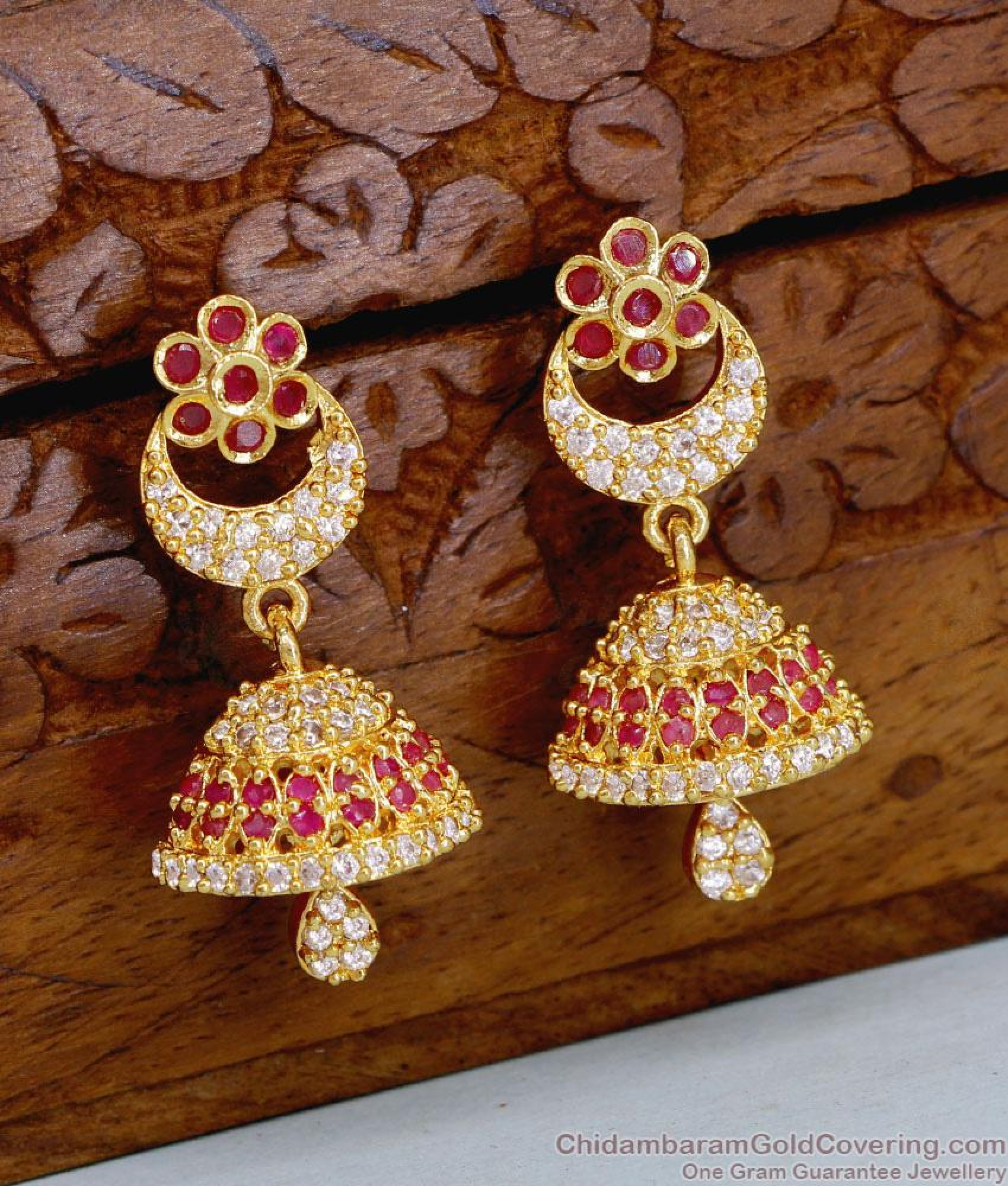 Trendy Ruby White Stone Gold Imitation Jhumki Pirai Design ER5035