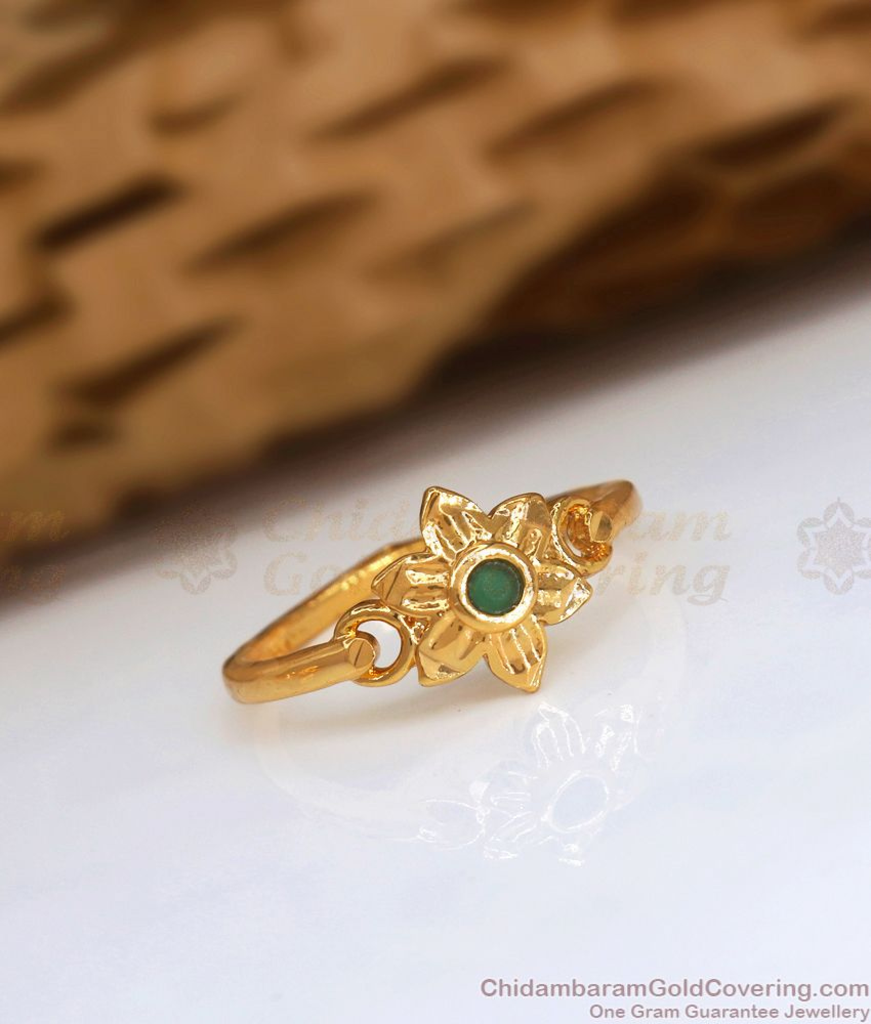 Floral Impon Finger Ring Green Stone For Office and College Wear FR1337