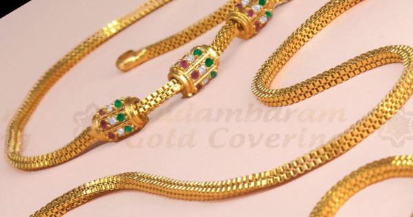 24K Gold Mogappu Chain 3 Layer Ball Multi Stone Side Pendant MCH1073