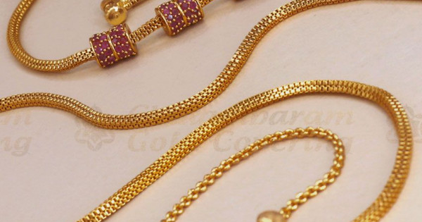 30 Inch Long Real Gold Chain Malaysian Thali Pattern Ruby Ball Mugappu ...