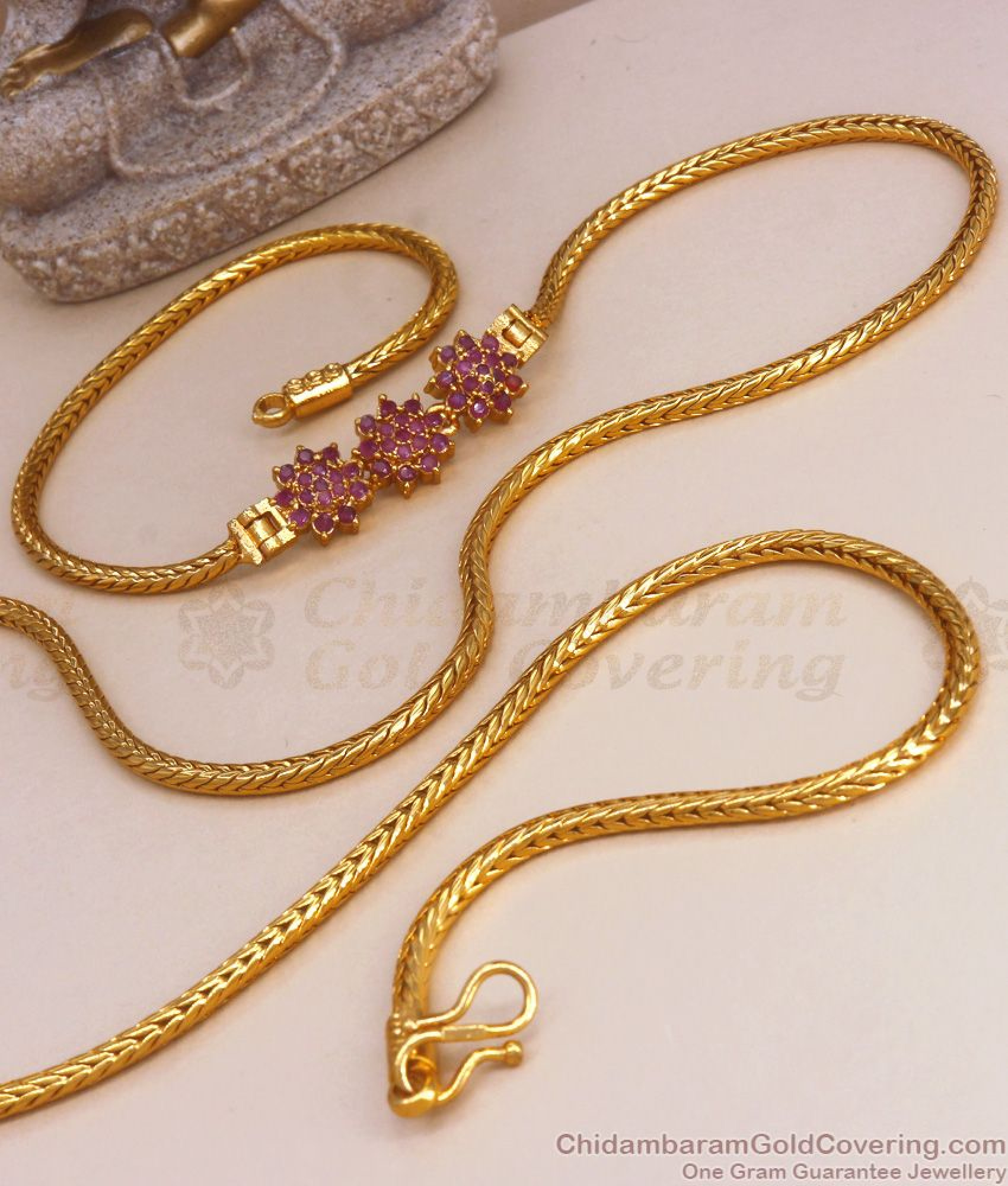 30 Inch Long Full Ruby Stone Floral Gold Plated Mugappu Side Pendant ...