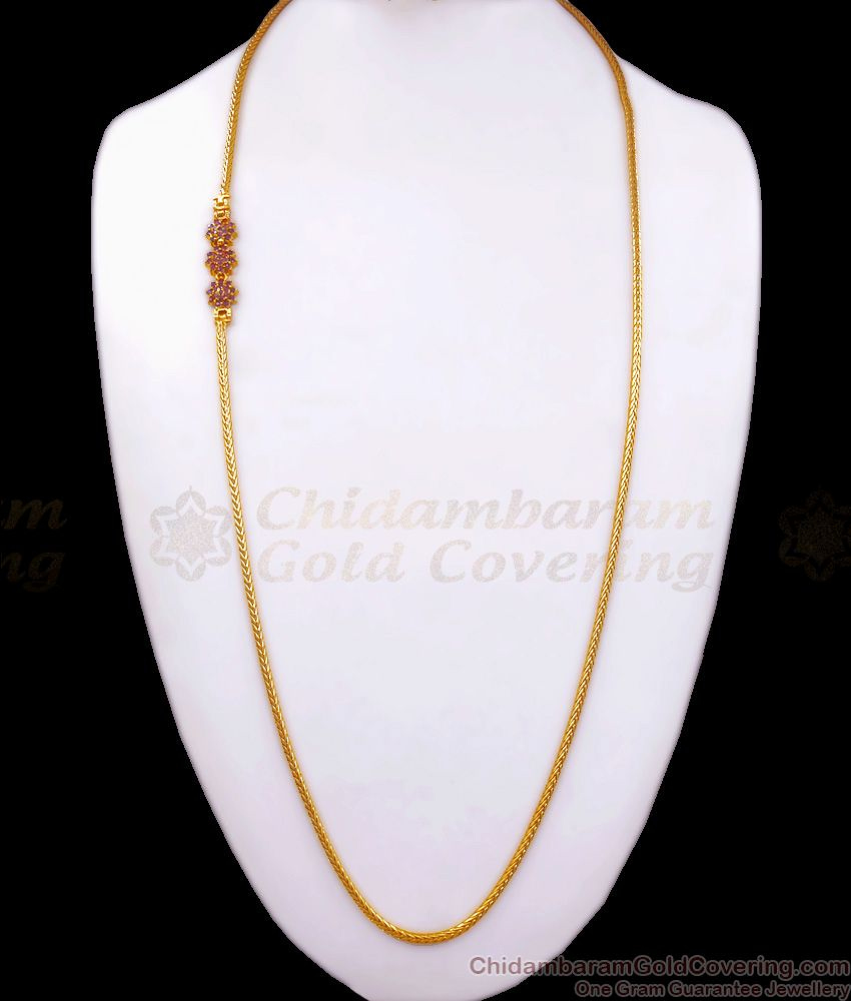 30 Inch Long Full Ruby Stone Floral Gold Plated Mugappu Side Pendant ...