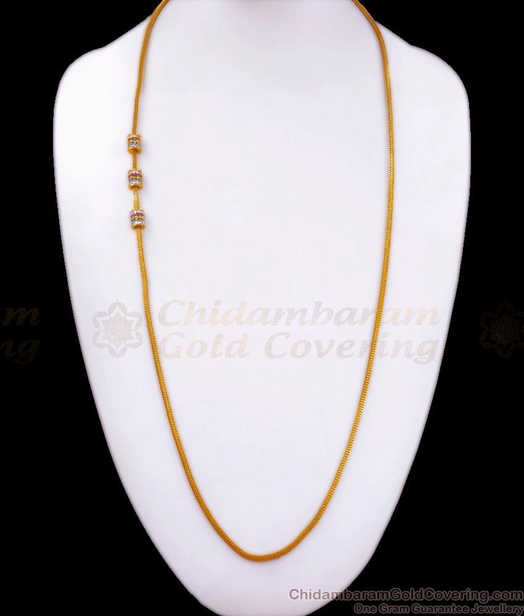 30 Inch Long Ball Type Multi Stone Gold Plated Mugappu Chain ...