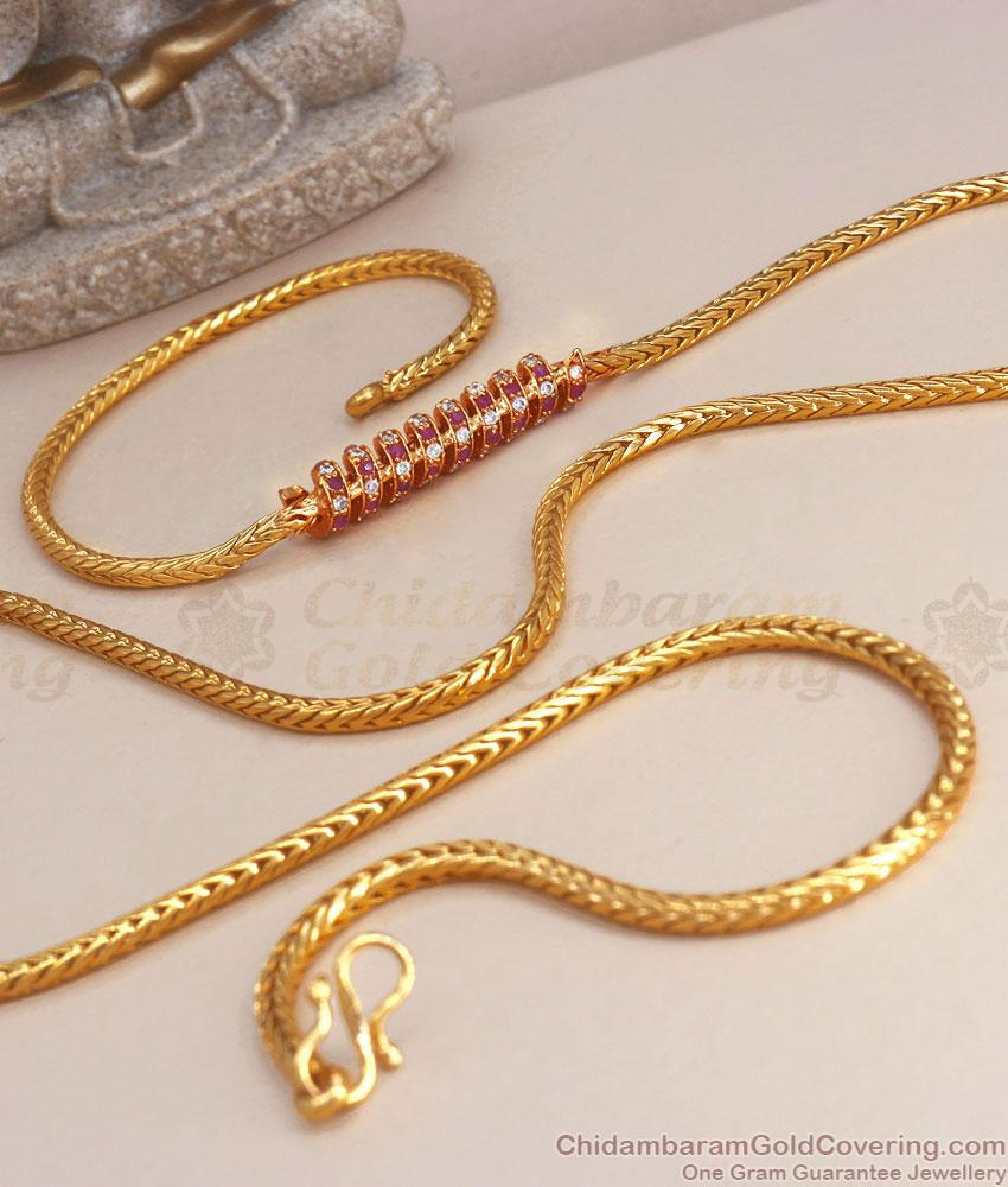 30 Inch Long Spiral Gold Plated Mugappu Thali Chain Ruby White Stone ...