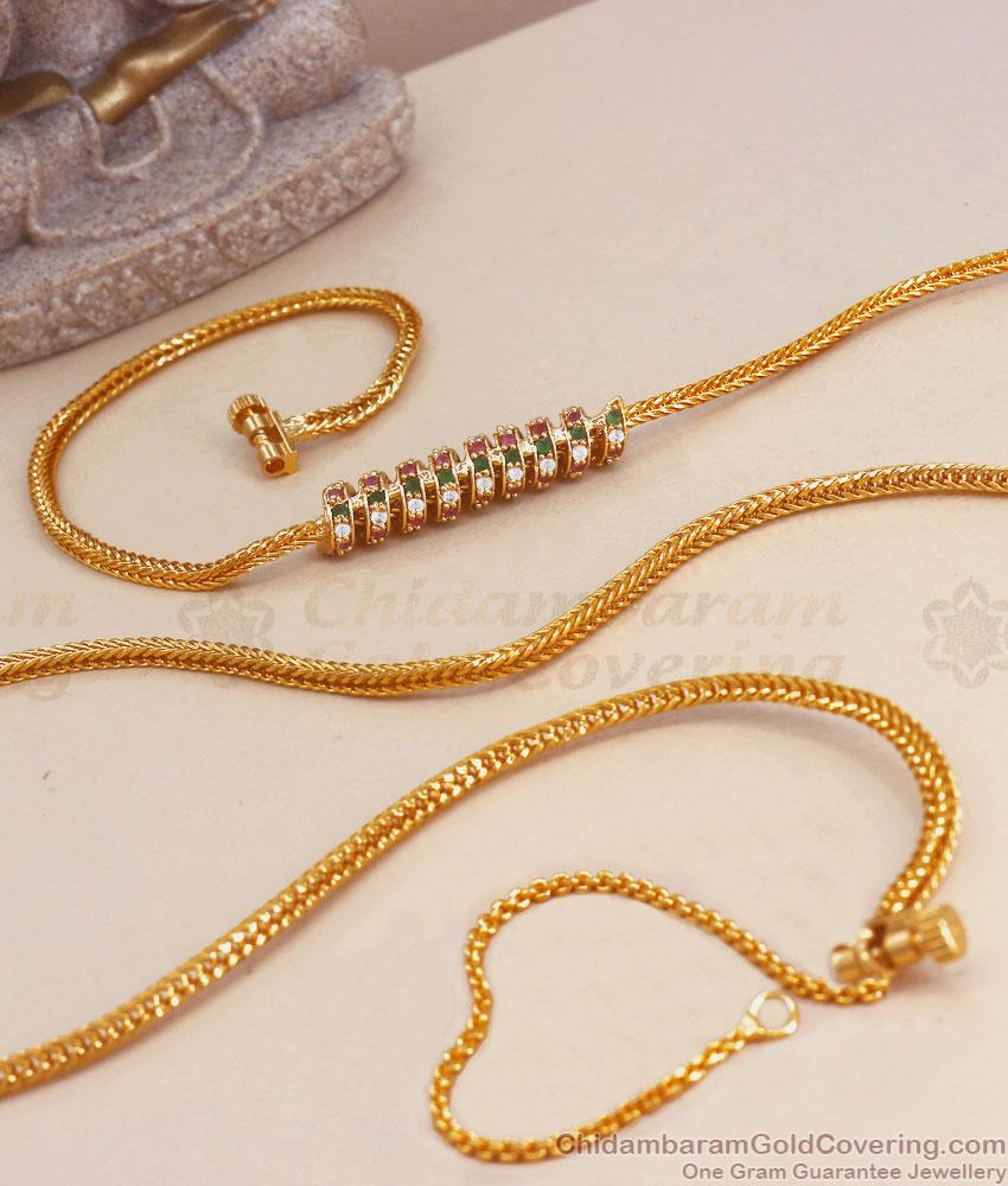 30 Inch Long Multi Stone Spiral Gold Plated Mugappu Side Pendant Chain ...