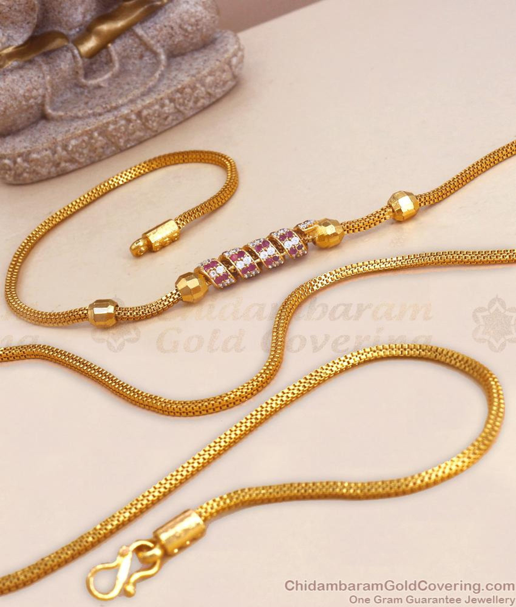 30 Inch Long South Indian Gold Plated Muaggpu Chain Ruby White Stone ...