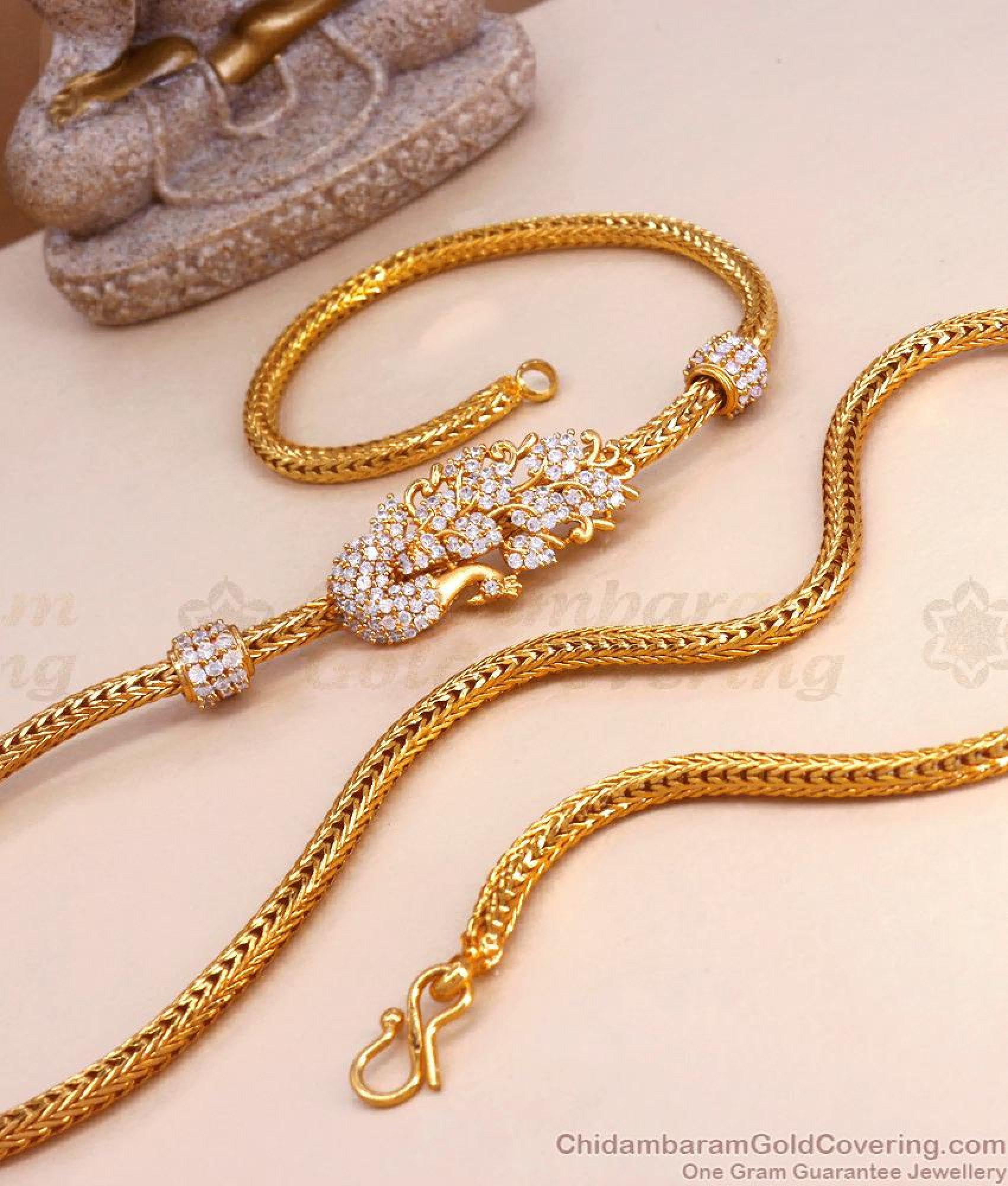 Bridal Gold Imitiation Mugappu Side Pendant Chain White Stone Peacock ...