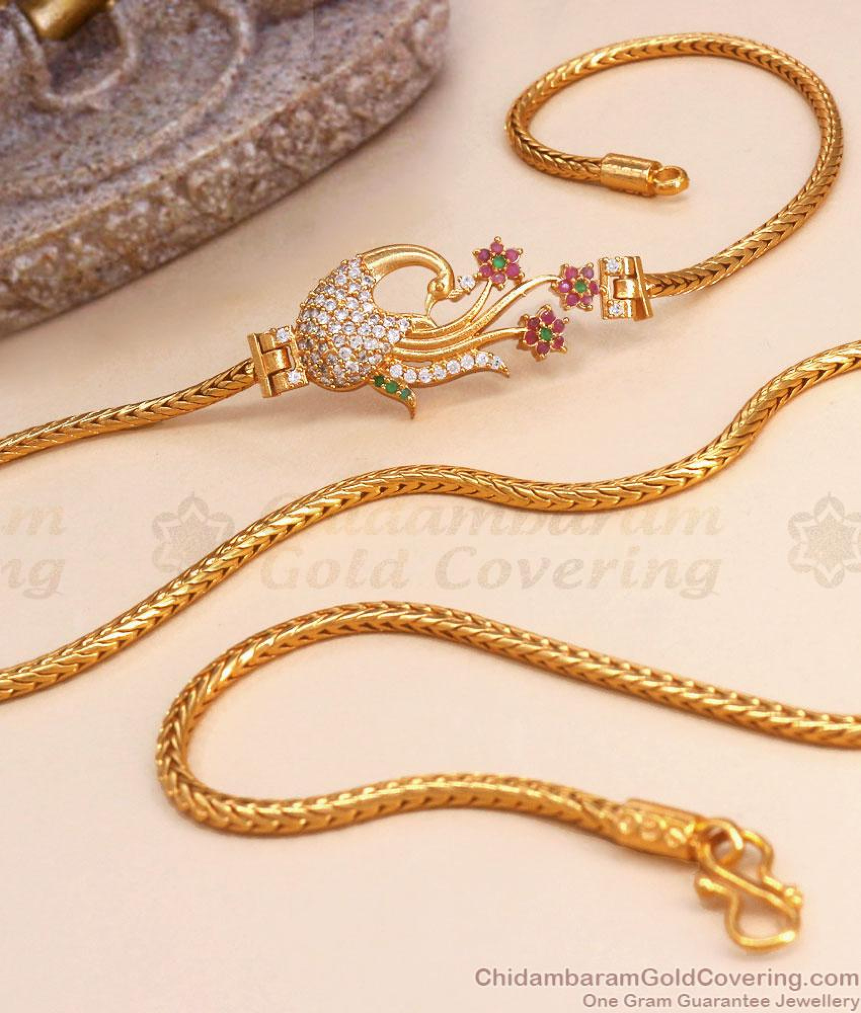 Latest Peacock Gold Plated Mugappu Chain Multi Stone Designs With Price ...