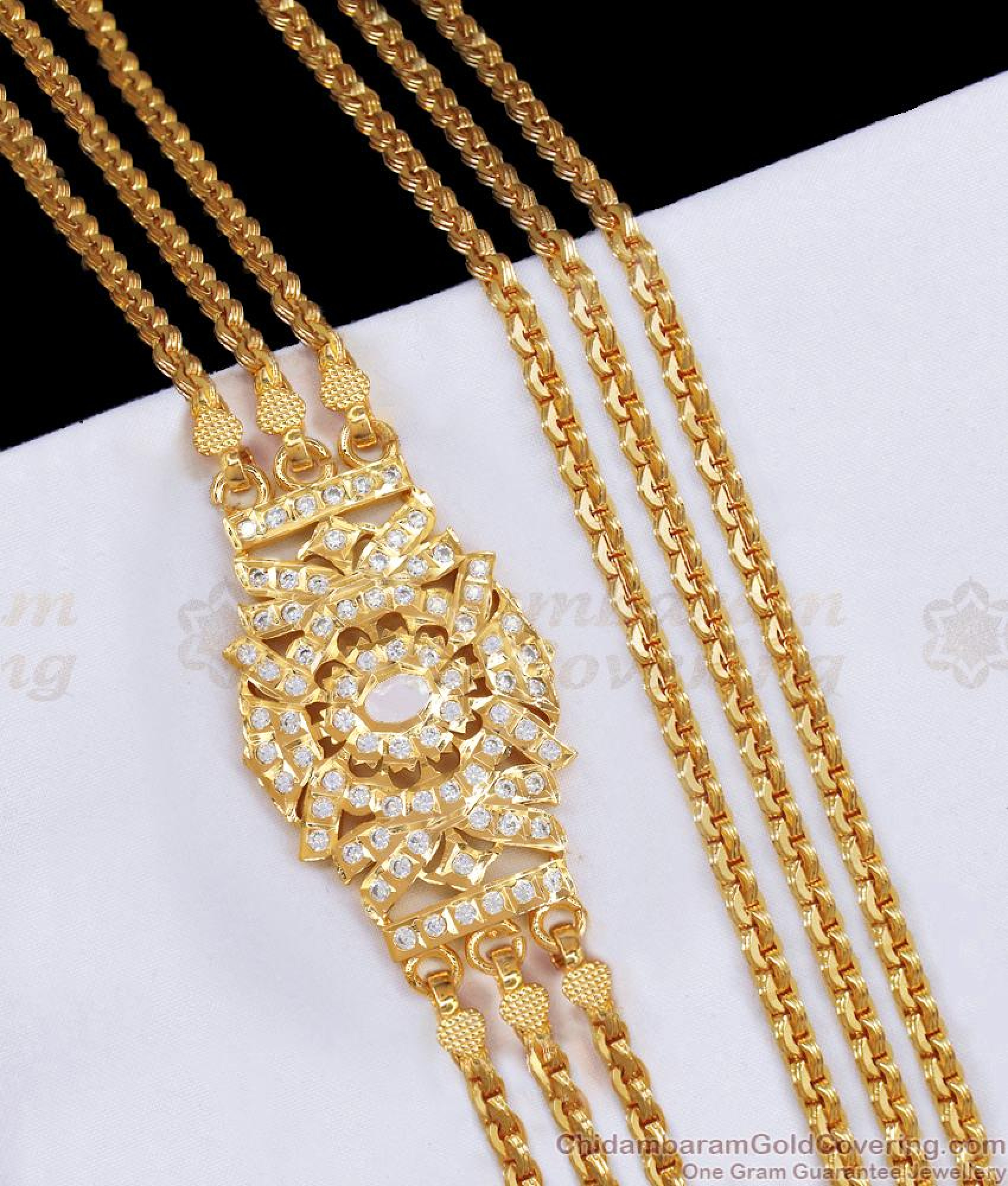 30 Inch Long Full White Stone 3 Line Mugappu Thali Chain MCH1369-LG