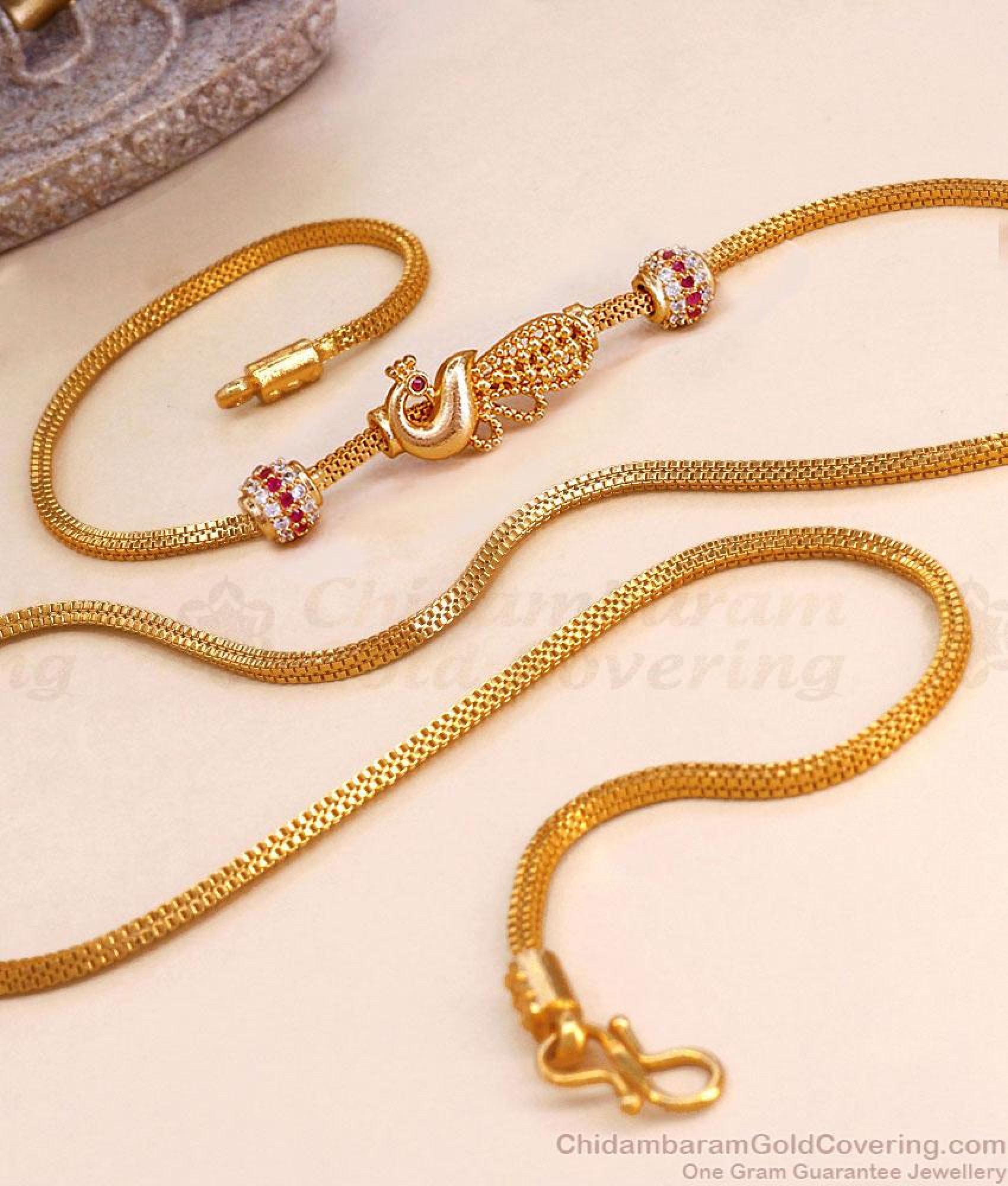30 Inch Long Attractive Gold Look Peacock Mugappu Chain With Stone ...