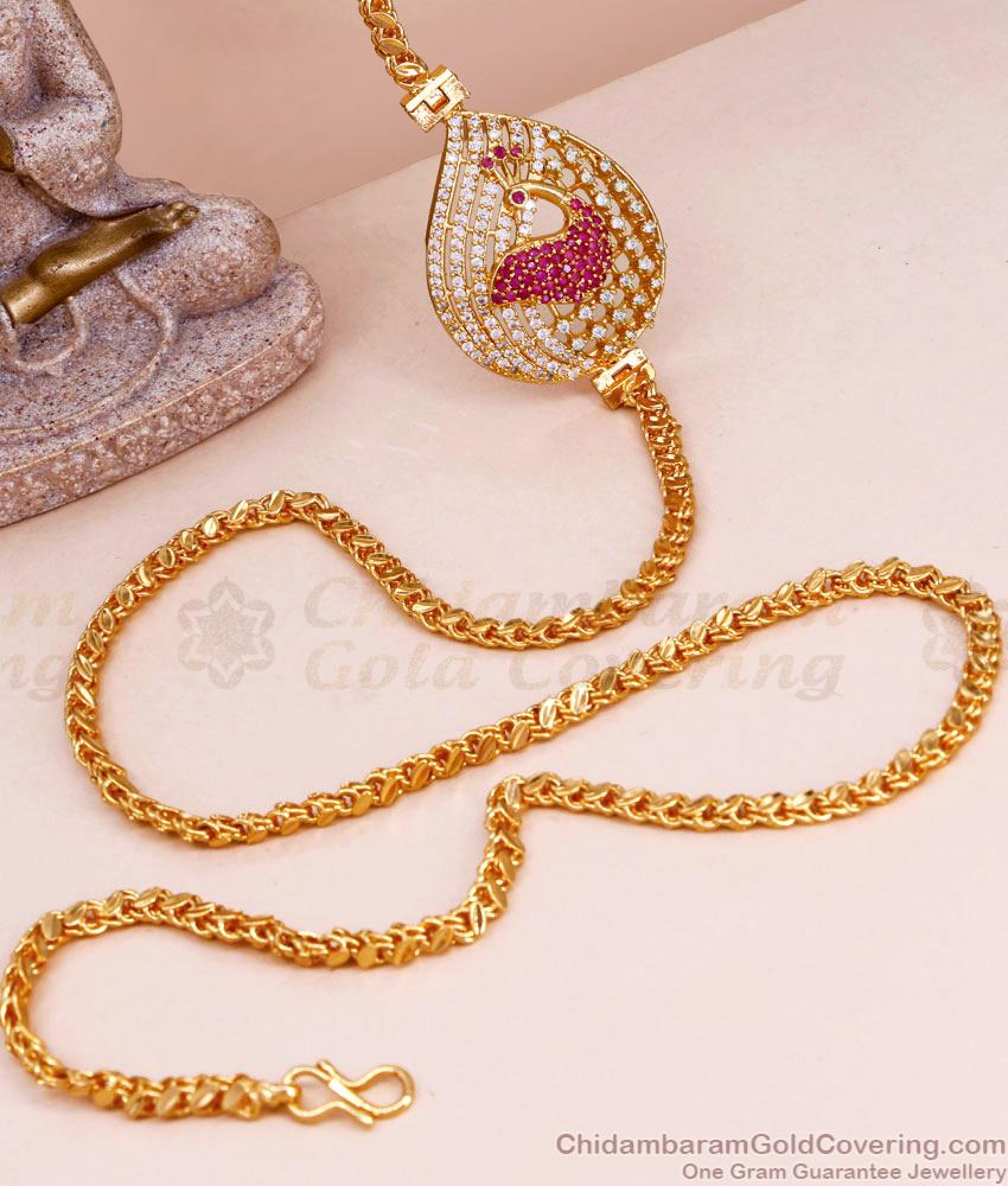 Big Ruby White Stone Peacock Side Pendant Gold Thali Chain For Women ...