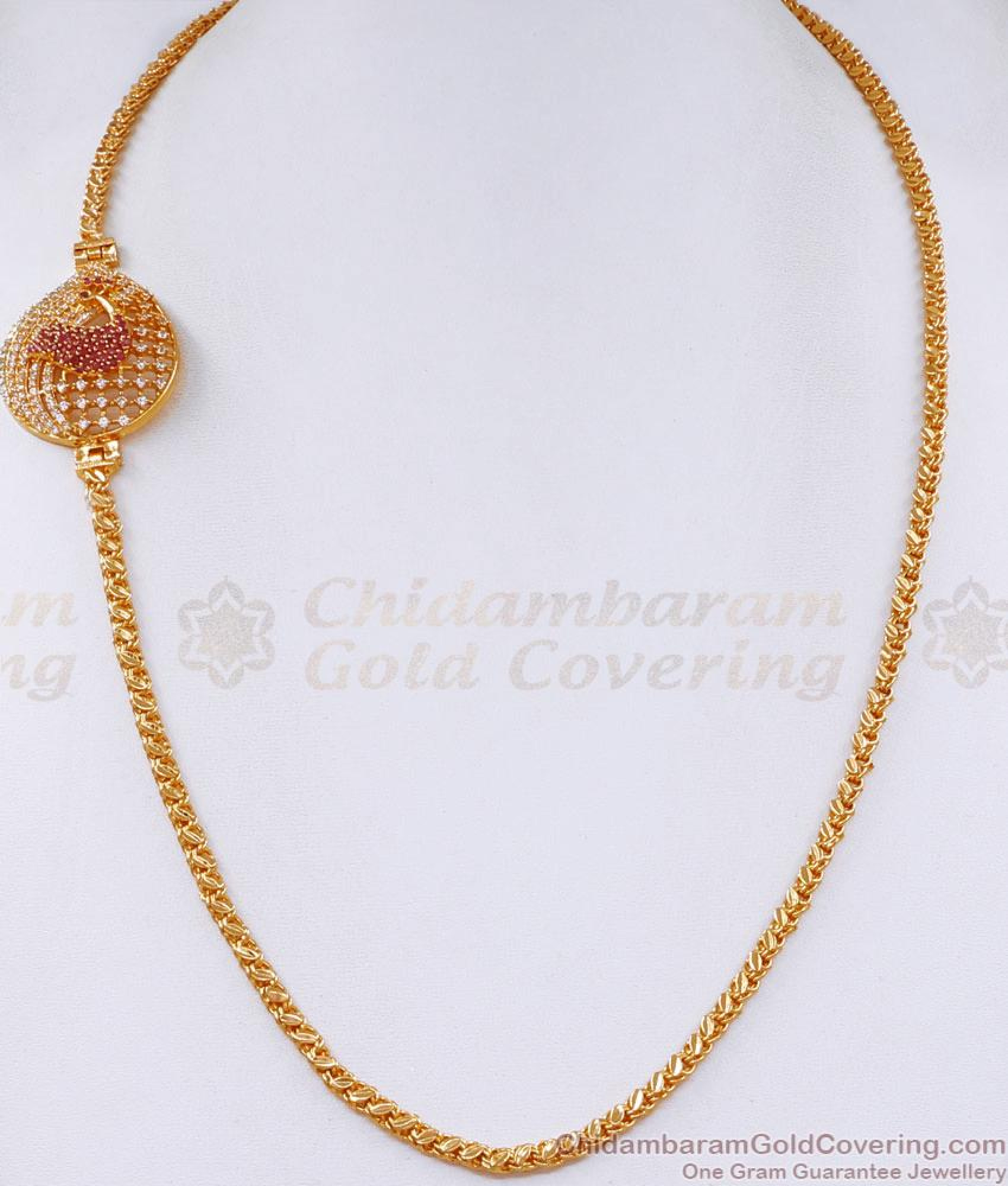 Big Ruby White Stone Peacock Side Pendant Gold Thali Chain For Women ...