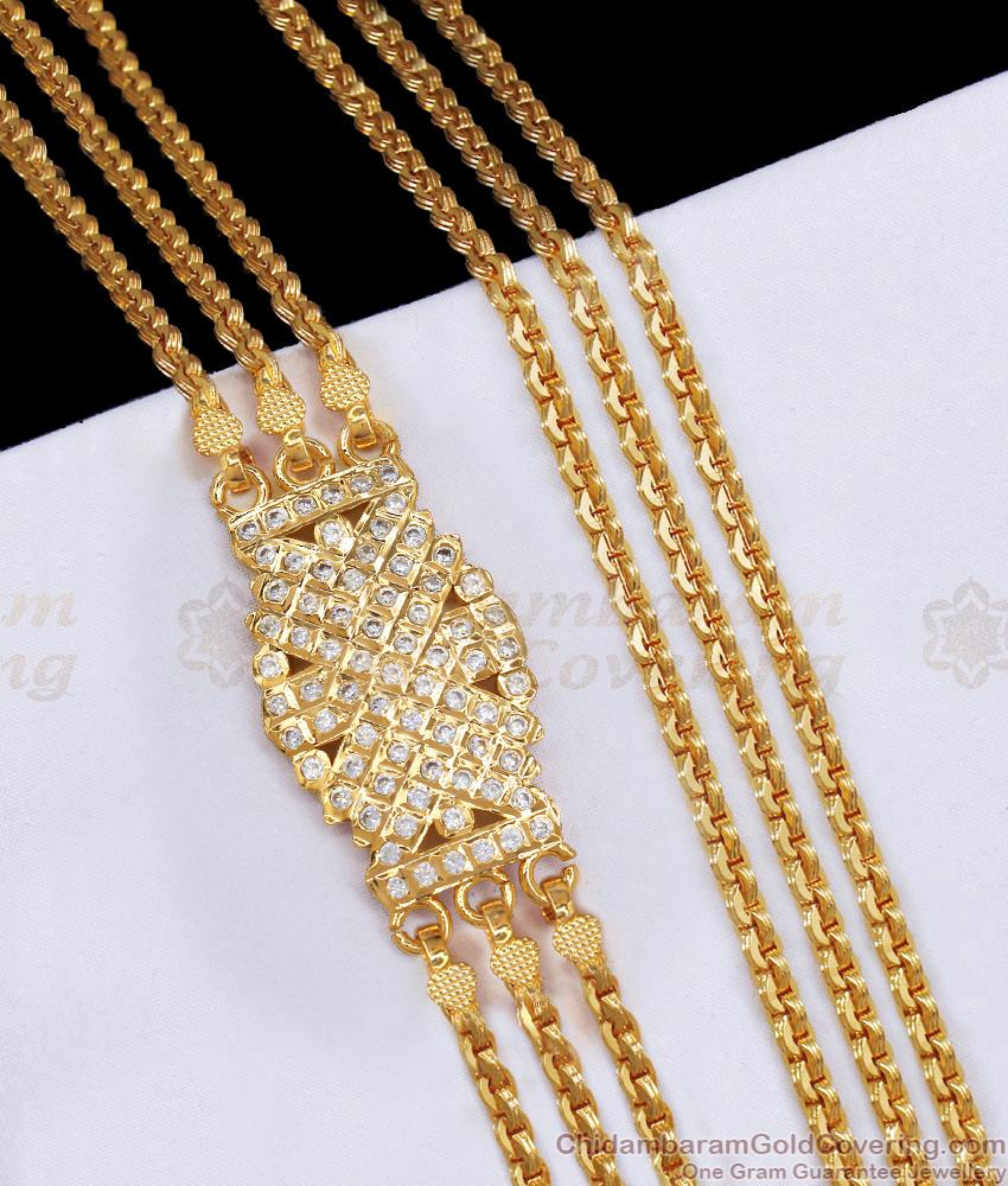 30 Inch Long Full White Stone Three Line Gold Plated Mugappu Chain ...
