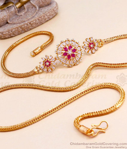 Traditional Ball Type Gold Plated Mugappu Chain With Ruby White Stone ...