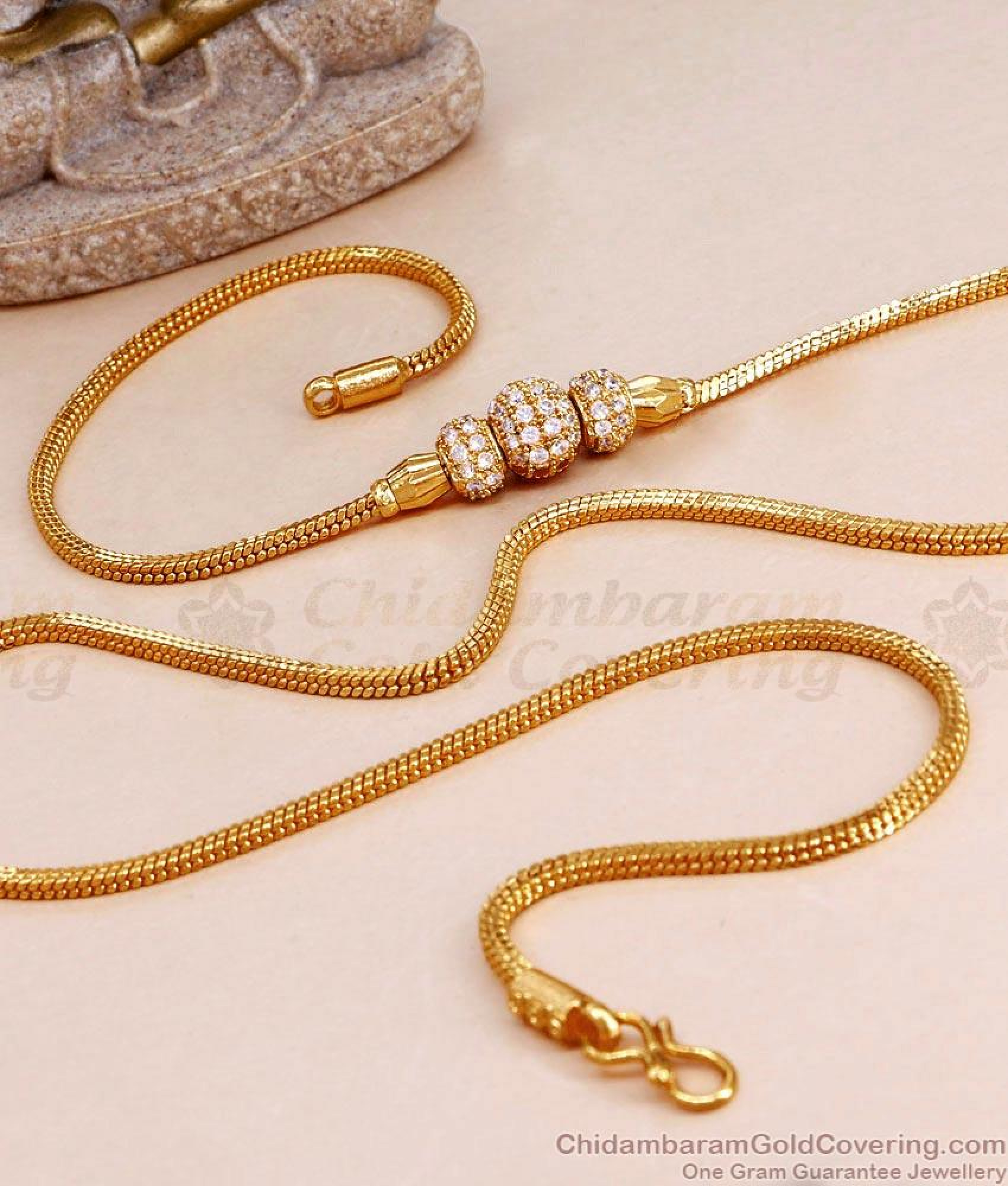 Full White Stone Ball Mugappu Chain Gold Side Pendant Design MCH1583