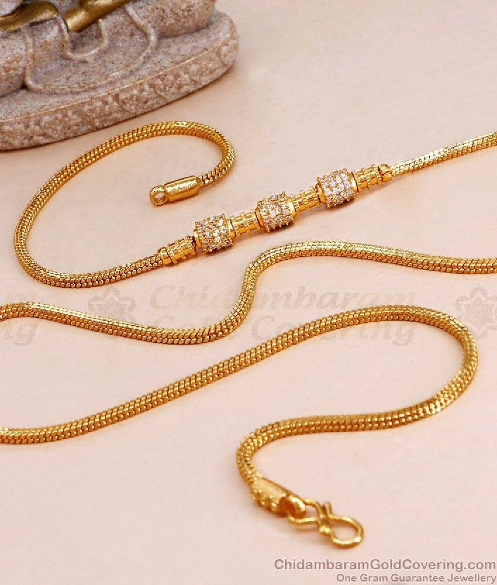 New Model Fancy Gold Plated Mugappu Chain White Stone Design MCH1598