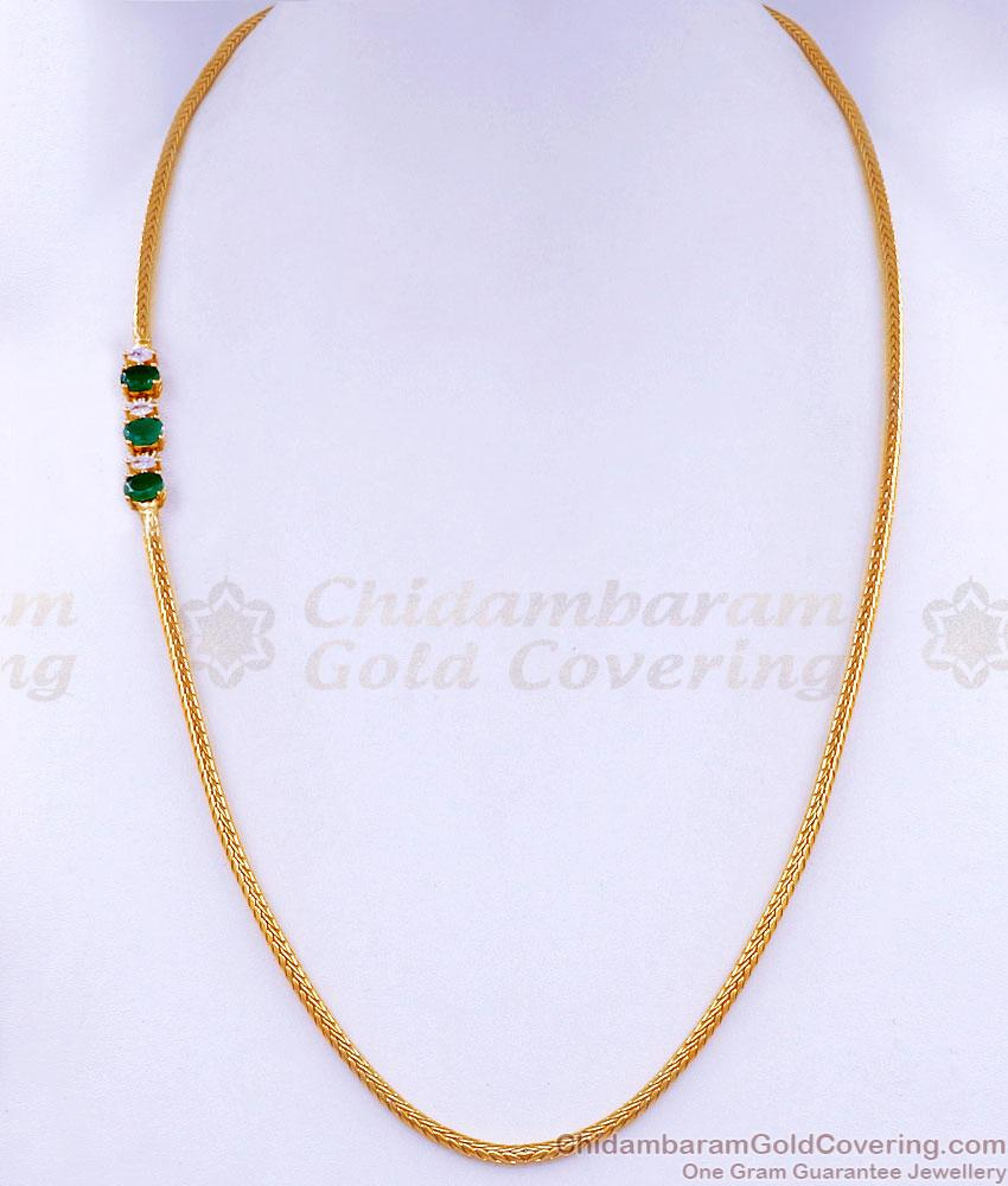 Pure Gold Tone Emerald Stone Mugappu Thali Kodi Chain MCH1605