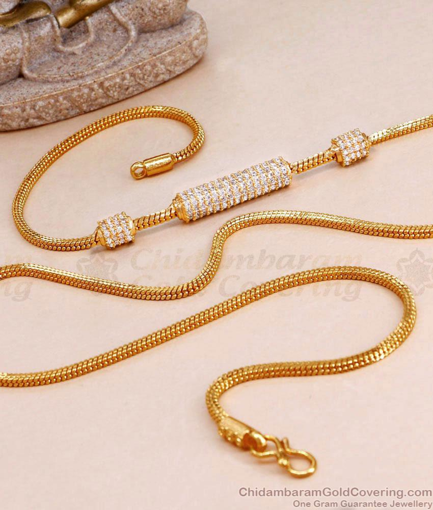 Real Gold Tone Cz White Stone Ball Mugappu Chain Design For Women MCH1644