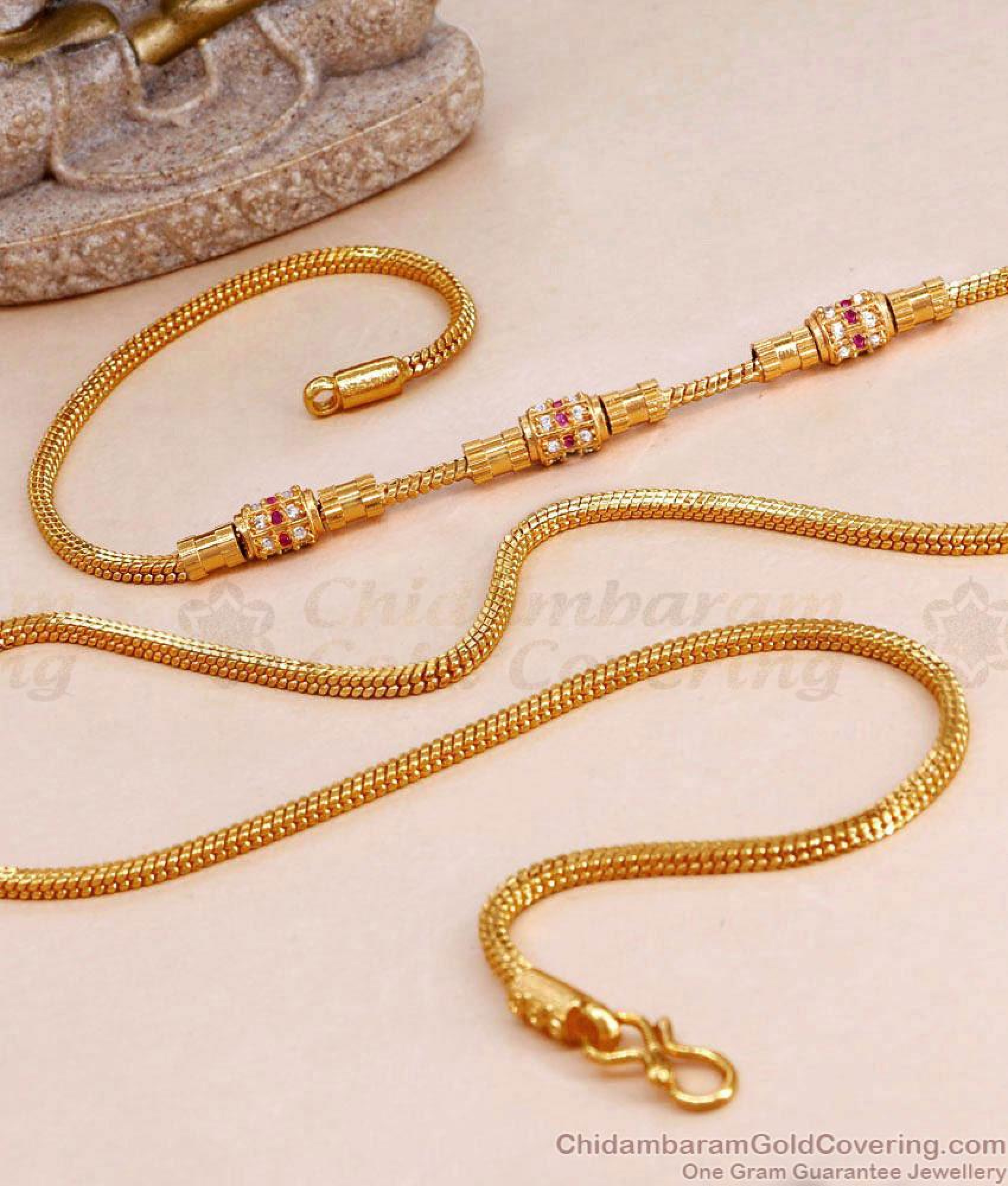 Simple Gold Look Stone Mugappu Chain Design For Married Women MCH1660