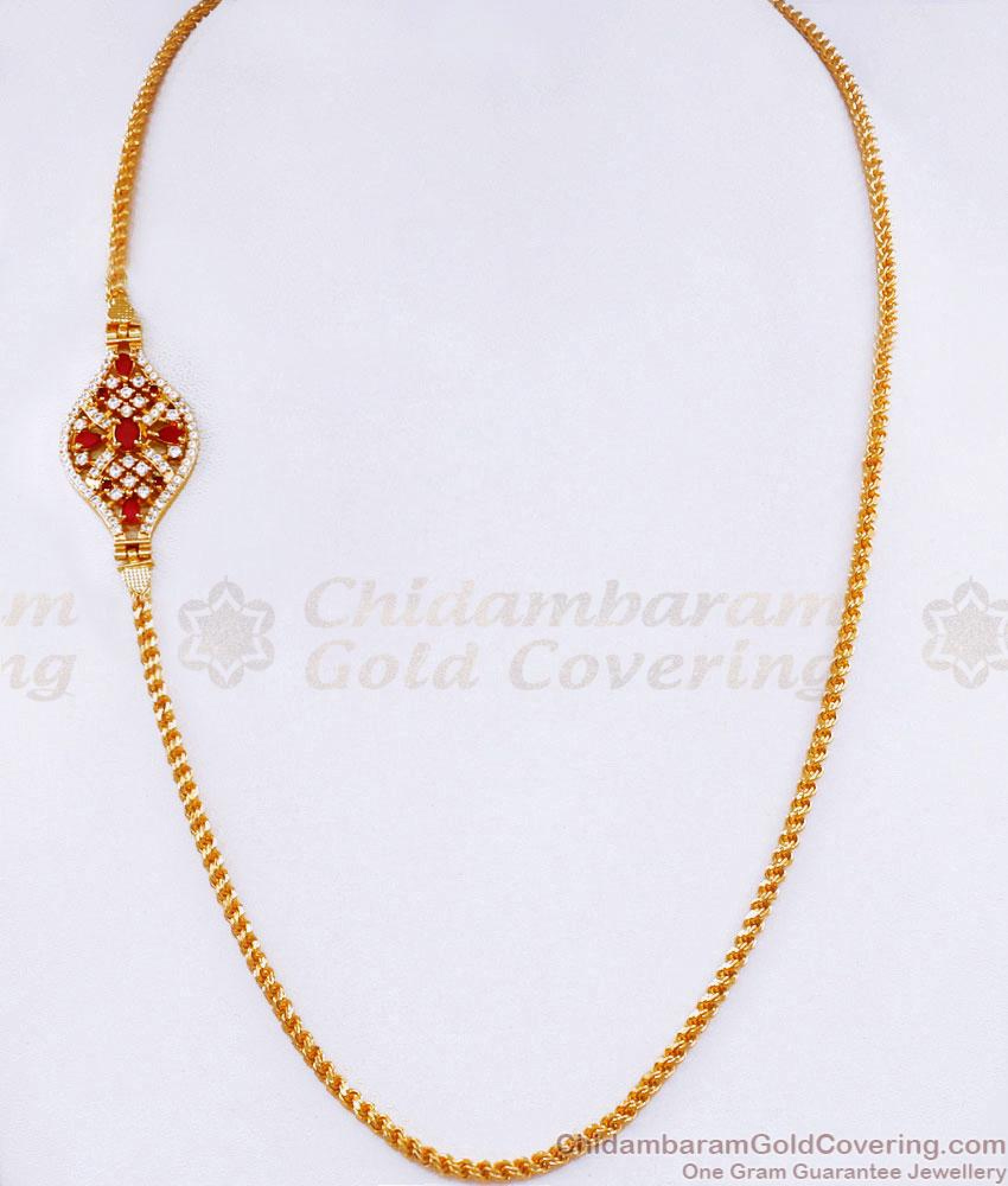 Bridal Wear Ruby White Stone Micro Gold Plated Side Pendant Thali Chain ...
