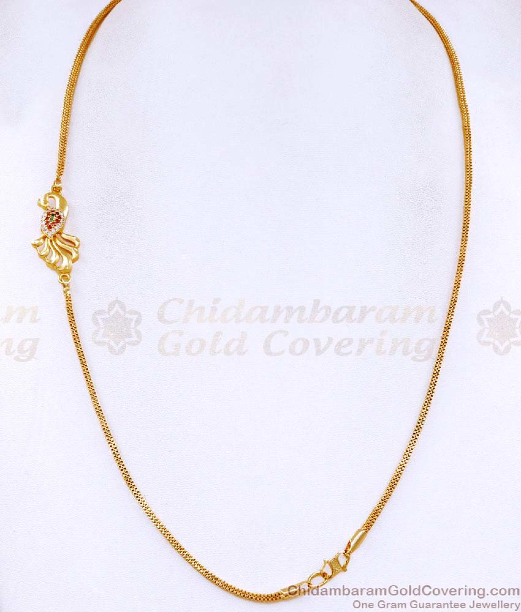 Pure One Gram Gold Tone Peacock Stone Mugappu Thin Thali Chain MCH1716