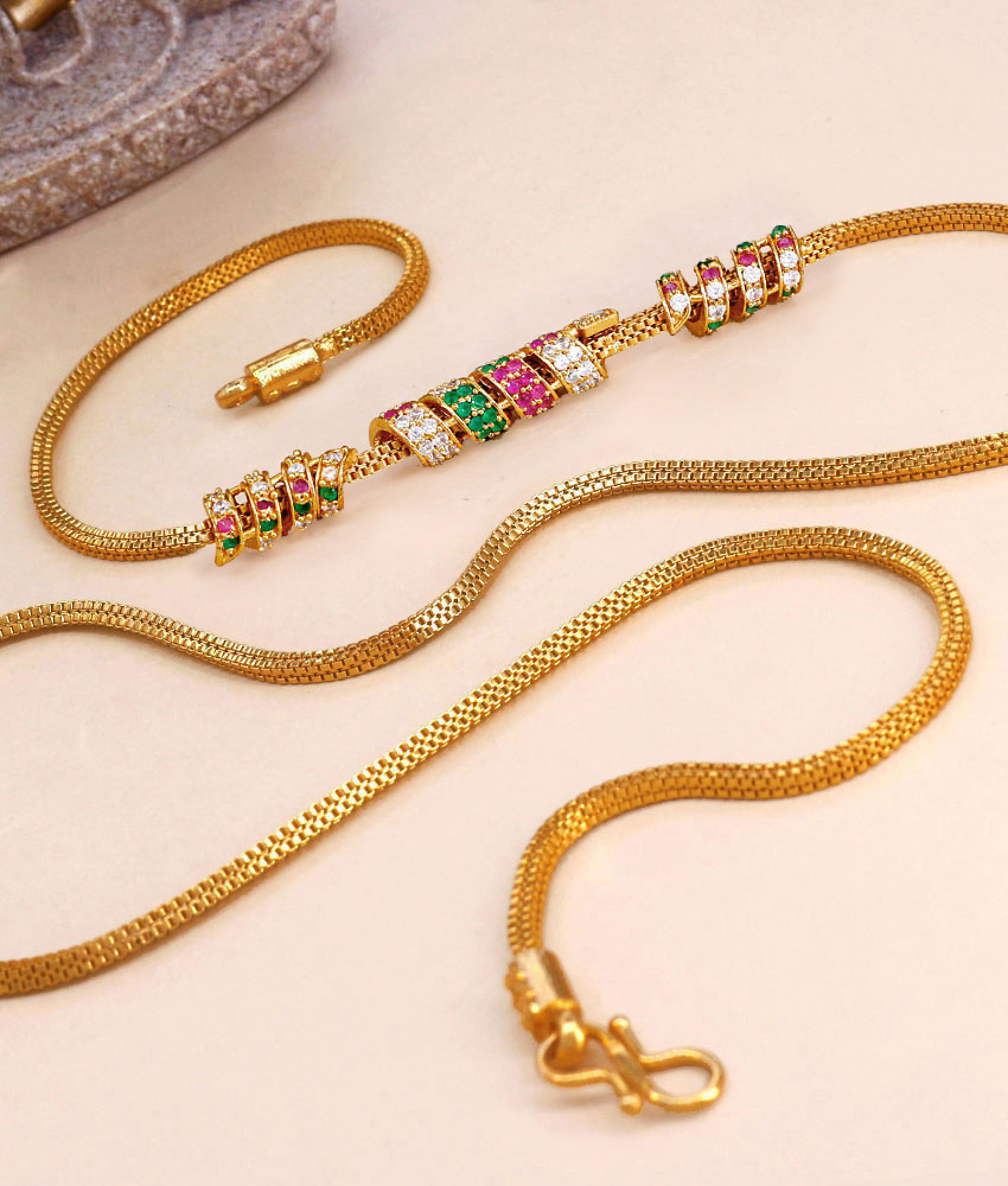 30 Inch Long Multi Stone Spiral Gold Mugappu Chain Designs For Women ...