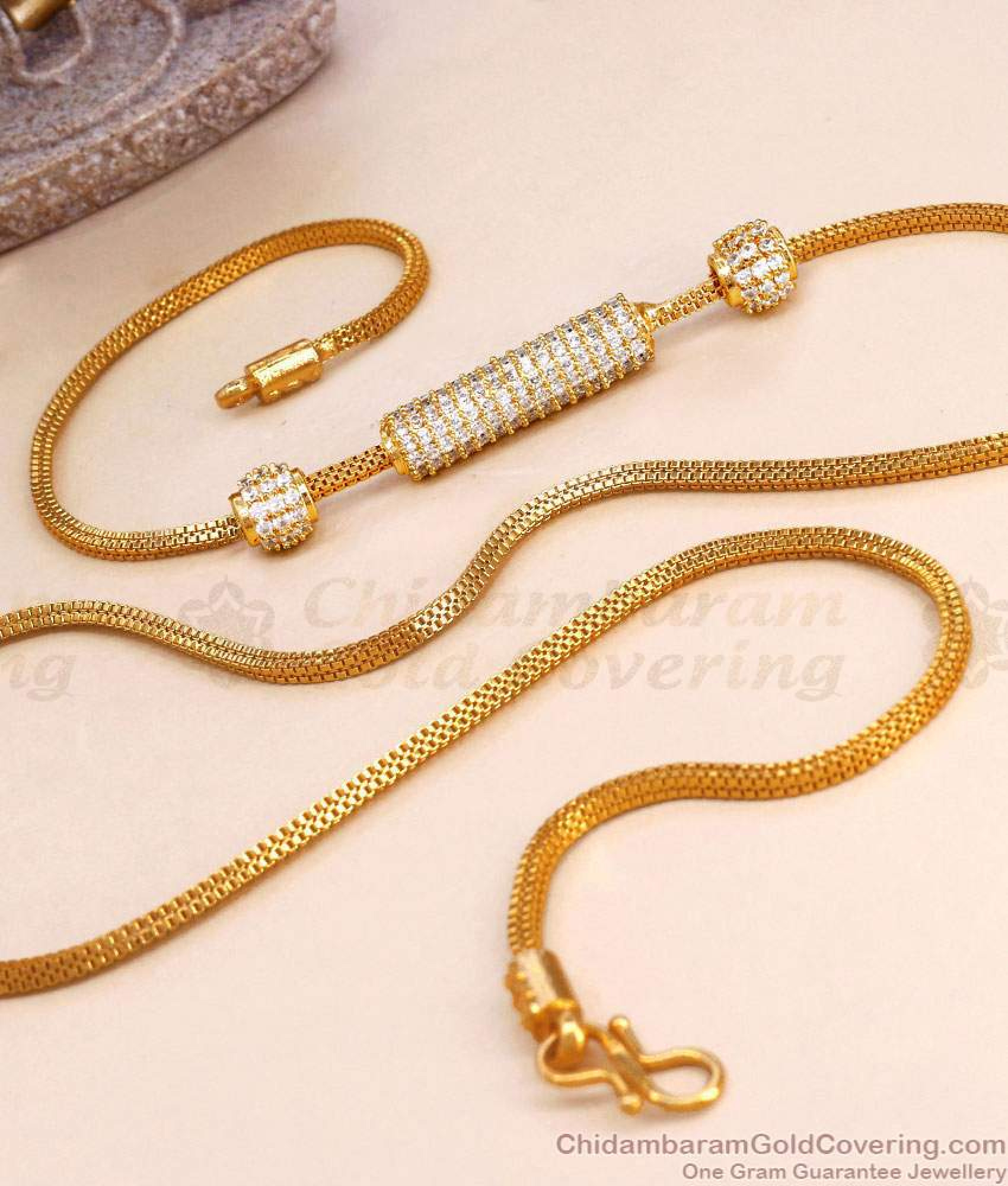 Full White Stone 1 Gram Gold Thali Chain Ball Mugappu Designs MCH1740