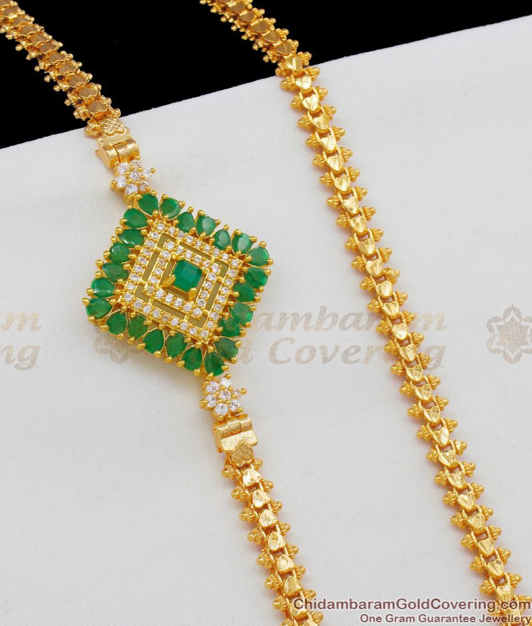 Diamond Shape Emerald White Stone Filled Side Pendant Mopu Thali Chain ...
