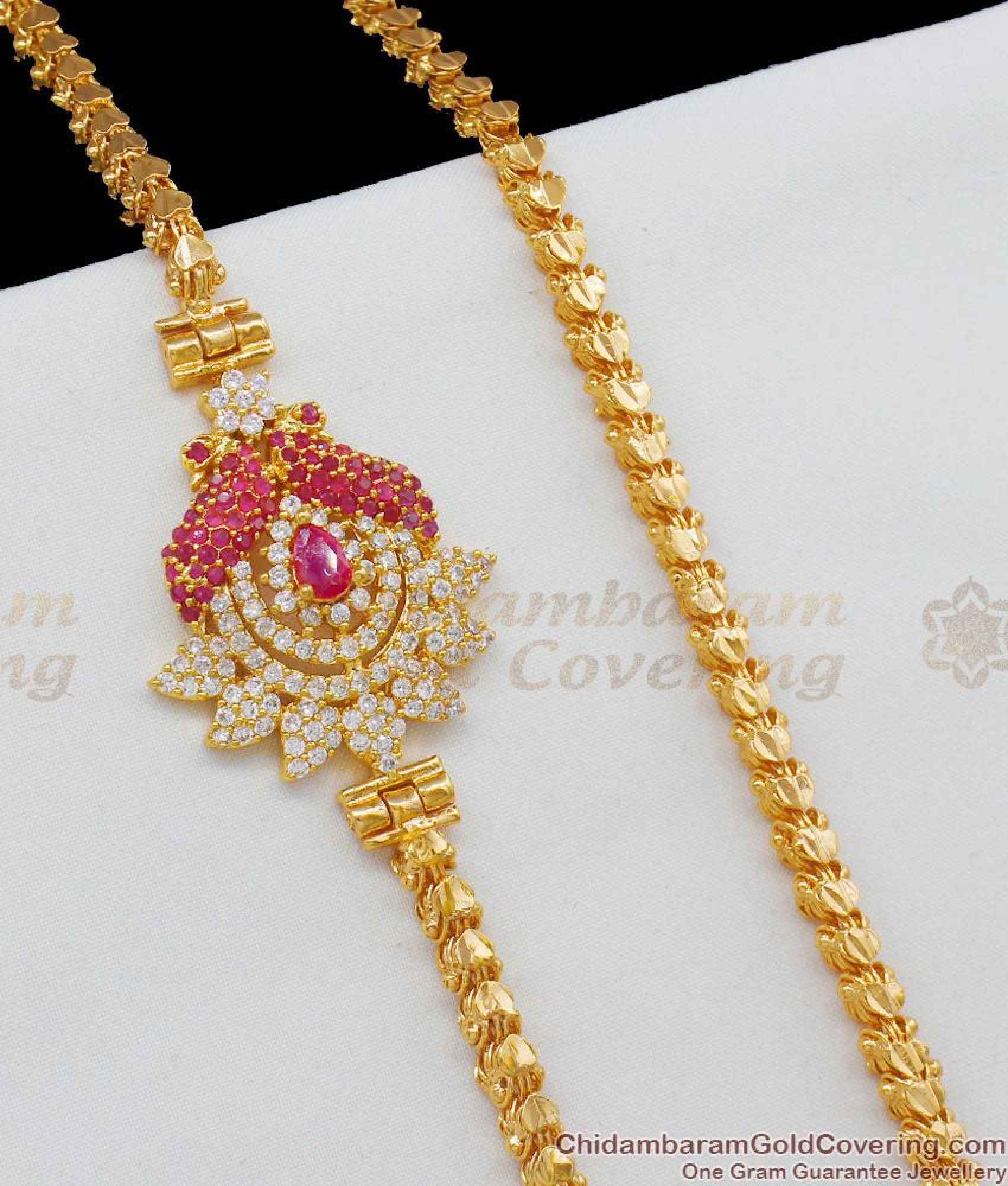 Attractive Ruby white Stone Flower Design Gold Plated Mugappu Chain MCH493