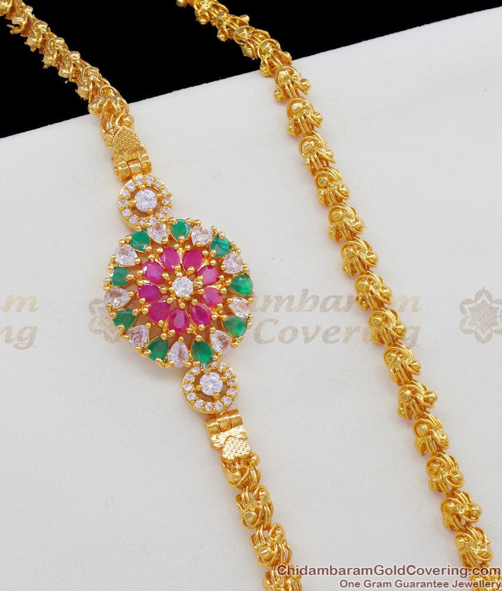 Fancy Big Flower Design Gold Plated Mugappu Chain With Multi Color ...