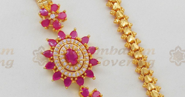 Three Step Ruby Stone Flower Design Gold Plated Mopu Thick Chain For ...