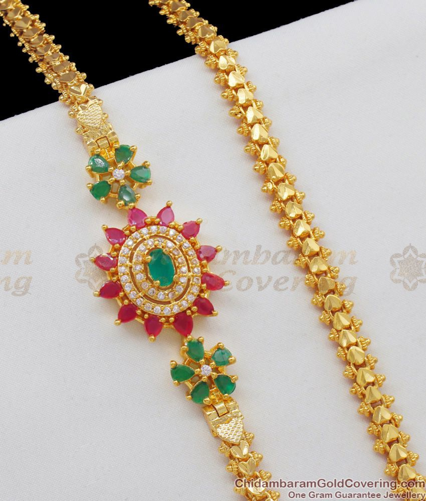 Ruby Emerald Stone Three Step Flower Design Gold Mopu Thick Chain For ...