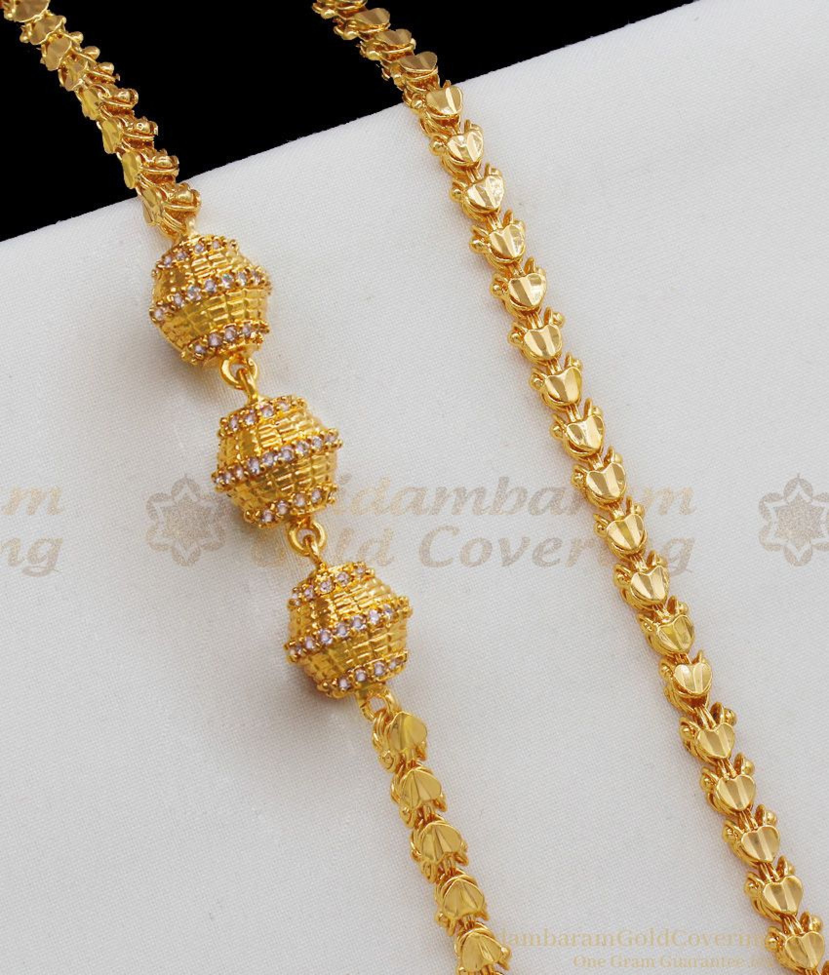Grand Sparkling White AD Stones Ball Design Mopu Gold Thali Chain For ...