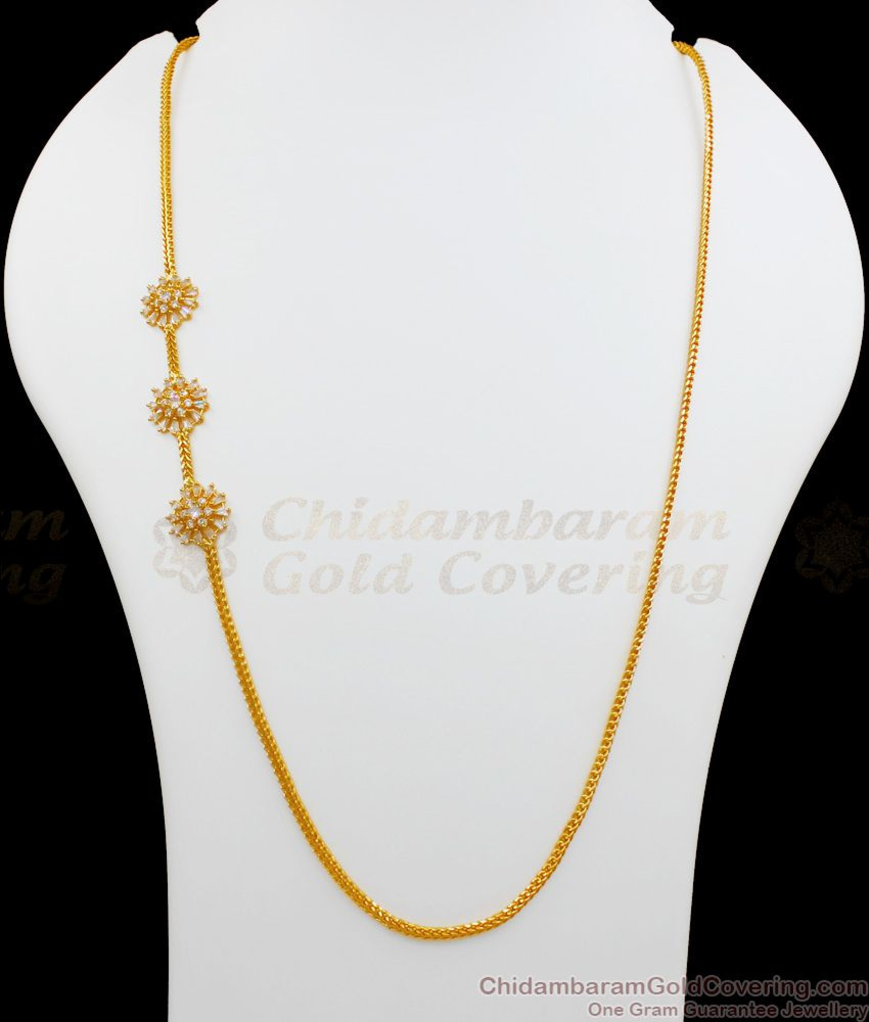 Sparkling White Stone Flower Design Gold Mugappu Thali Chain Gold ...