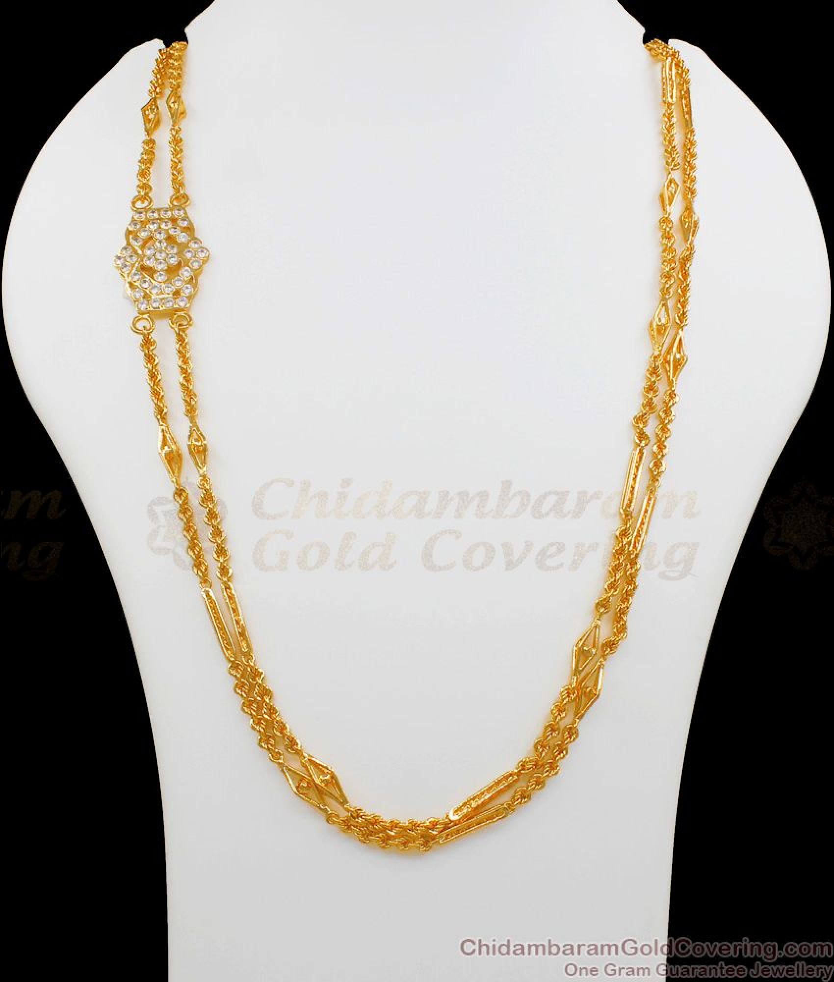 One Gram Gold Impon Mugappu Two Line Chain With White Stone Side ...