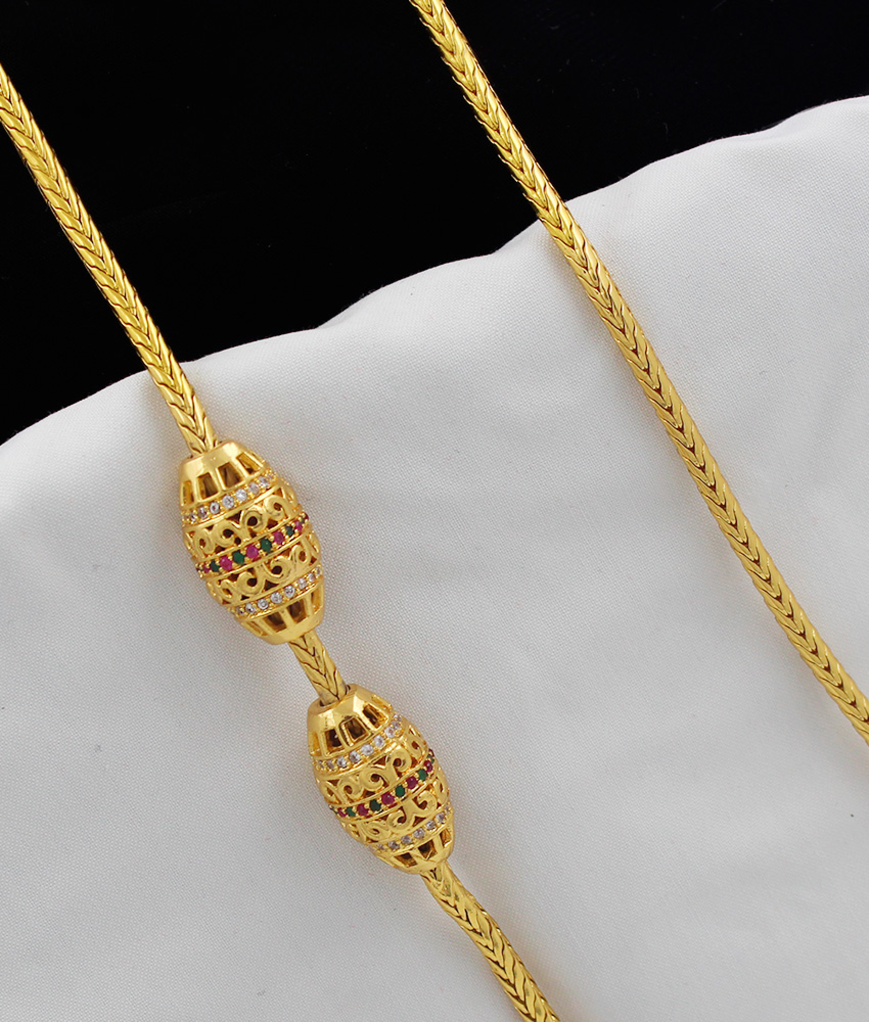 Stunning Gold Tone AD Stone Ruby Mugappu Thali Chain MCH131