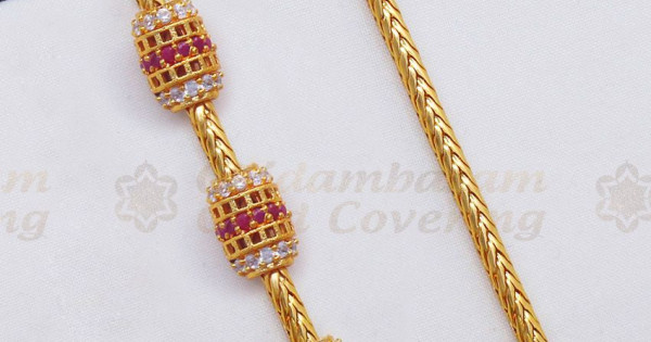 Cylindrical Shape AD Ruby White Stone Gold Mugappu Chain MCH931