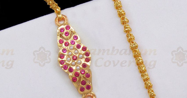 Traditional Impon Ruby White Stone Mugappu Gold Chain MCH997