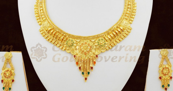 Delightful Two Gram Gold Plated Forming Necklace Set With Earrings NCKN1057