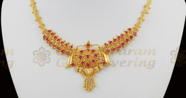 Trendy Ruby Stone Gold Plated Necklace Party Wear For Ladies NCKN1086