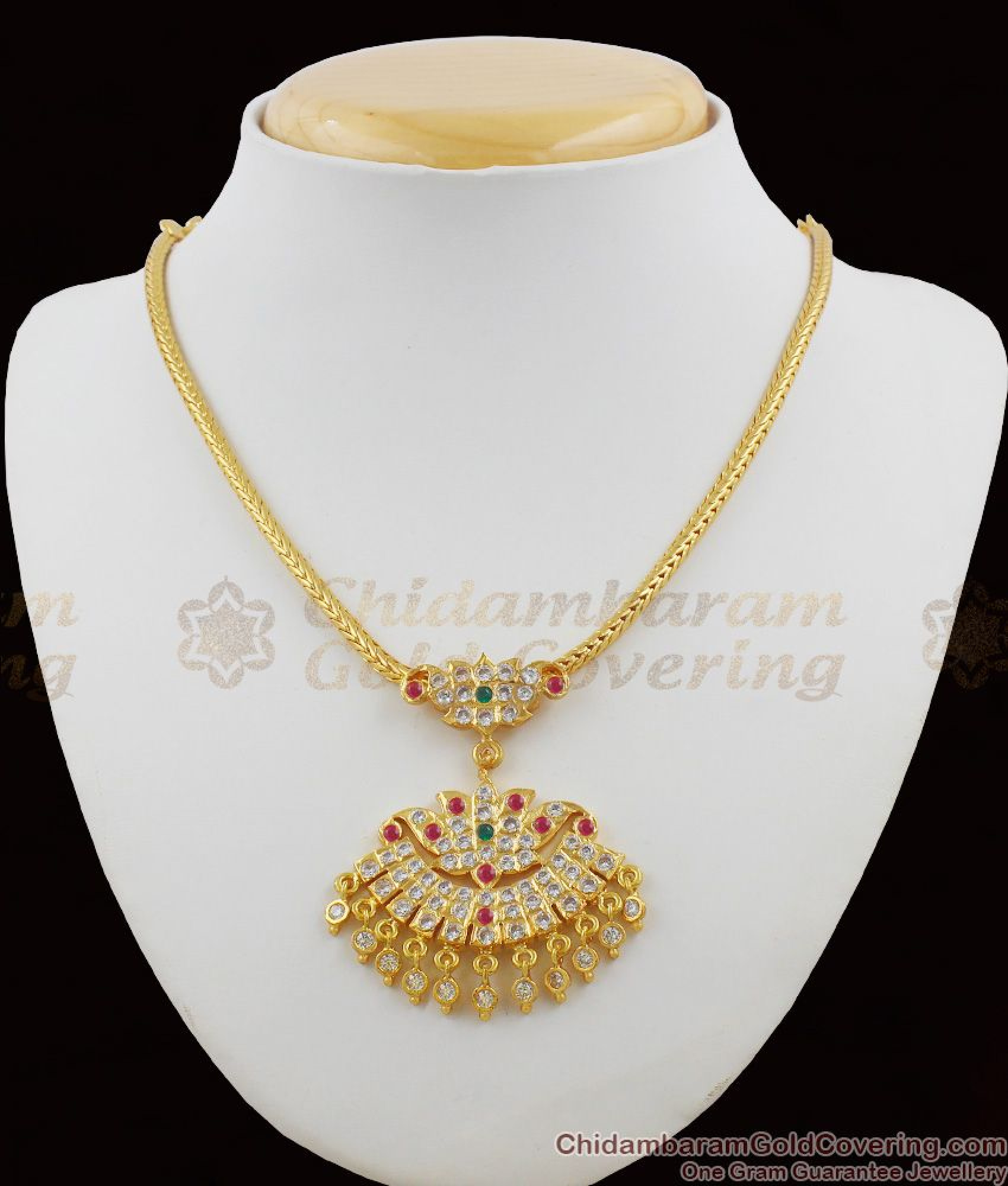 Traditional Multi Stone Impon Attigai Necklace Lotus Design Gold Dollar ...